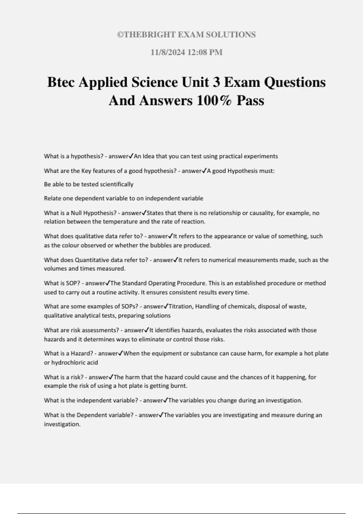 Btec Applied Science Unit 3 Exam Questions And Answers 100 Pass Btec Stuvia Uk