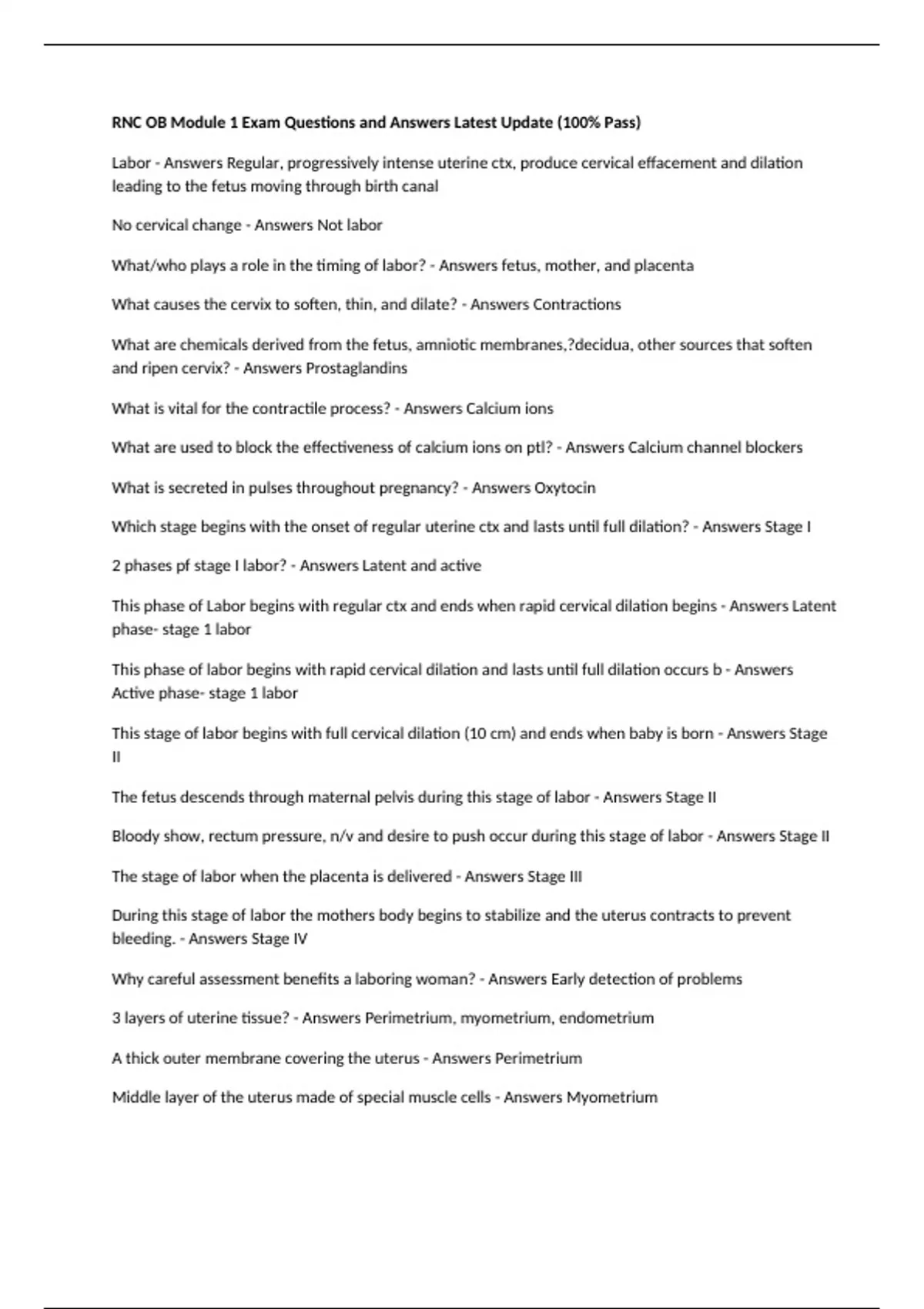 RNC OB Module 1 Exam Questions and Answers Latest Update (100% Pass ...