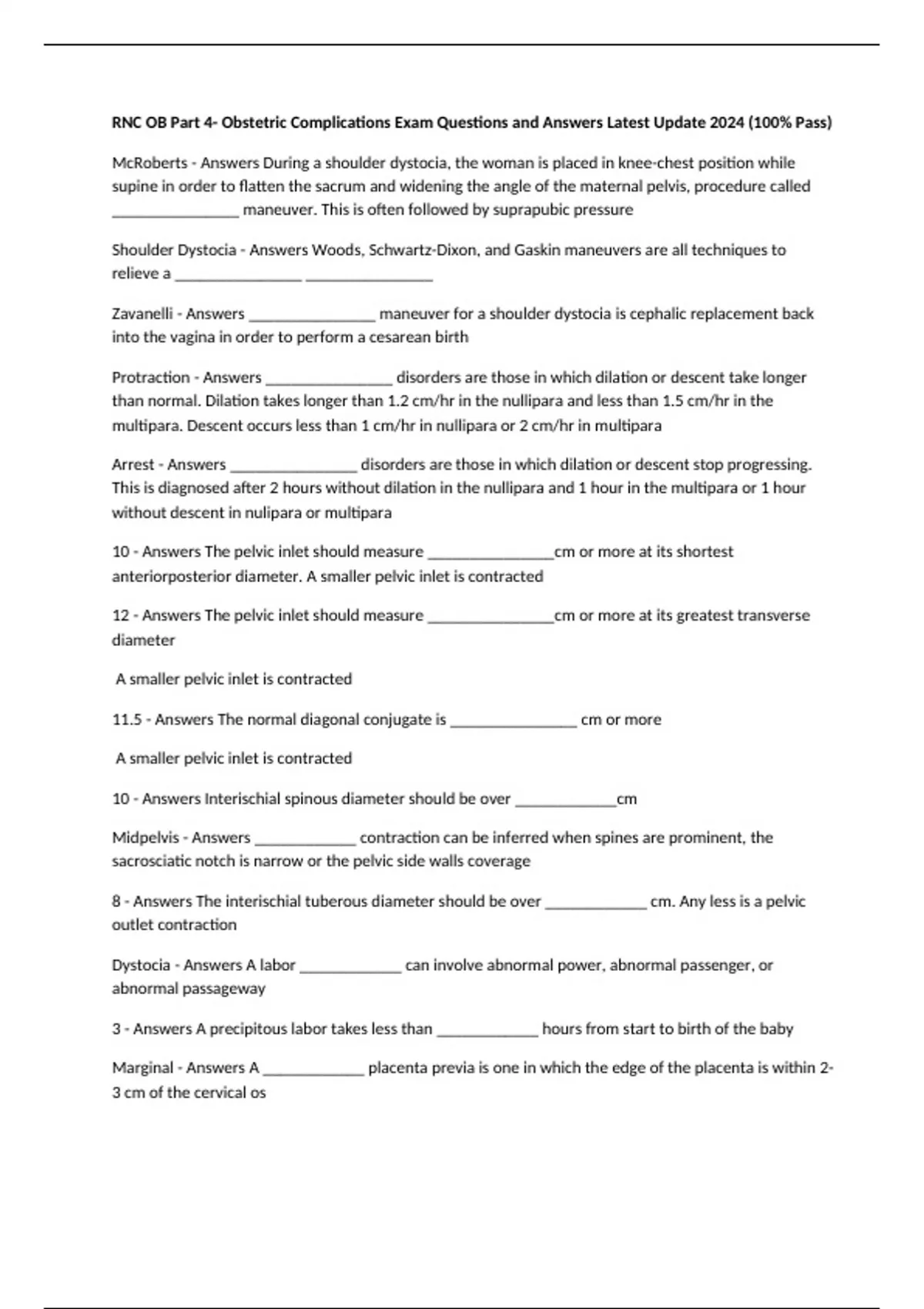 RNC OB Part 4- Obstetric Complications Exam Questions and Answers ...