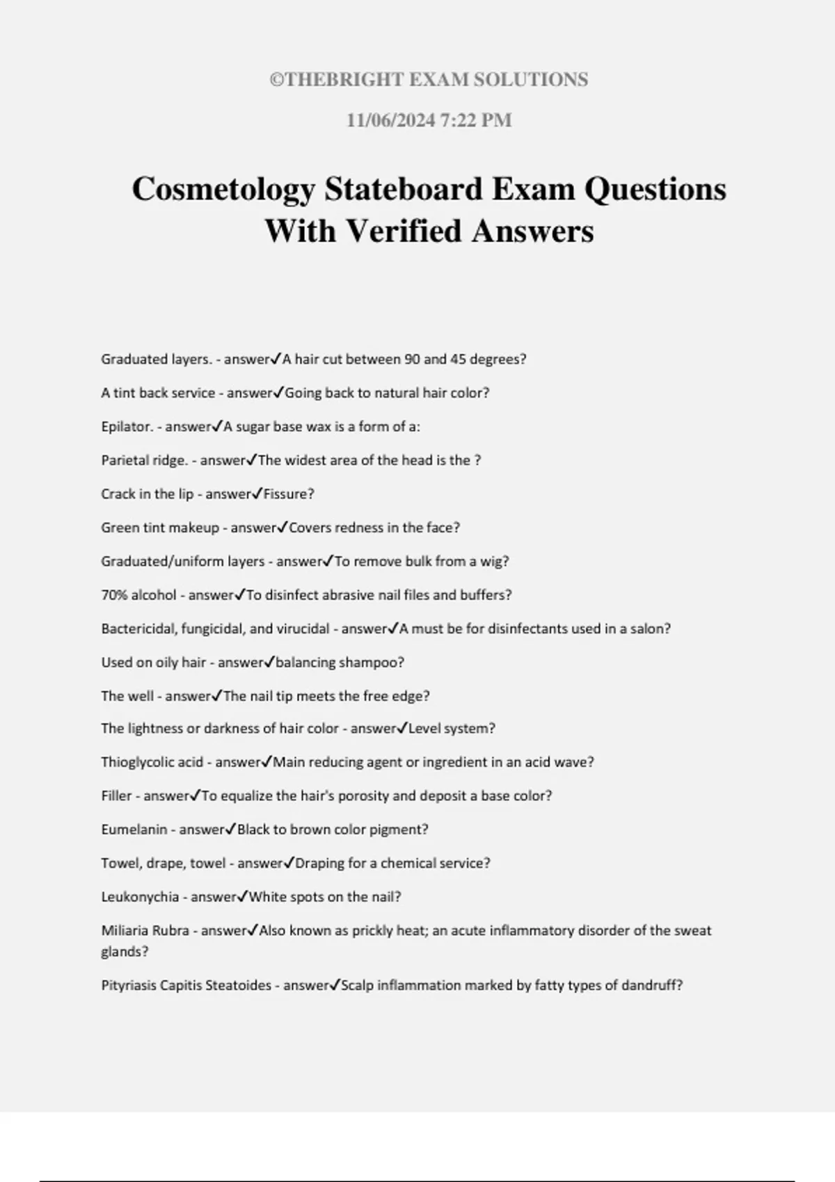 Cosmetology Stateboard Exam Questions With Verified Answers ...