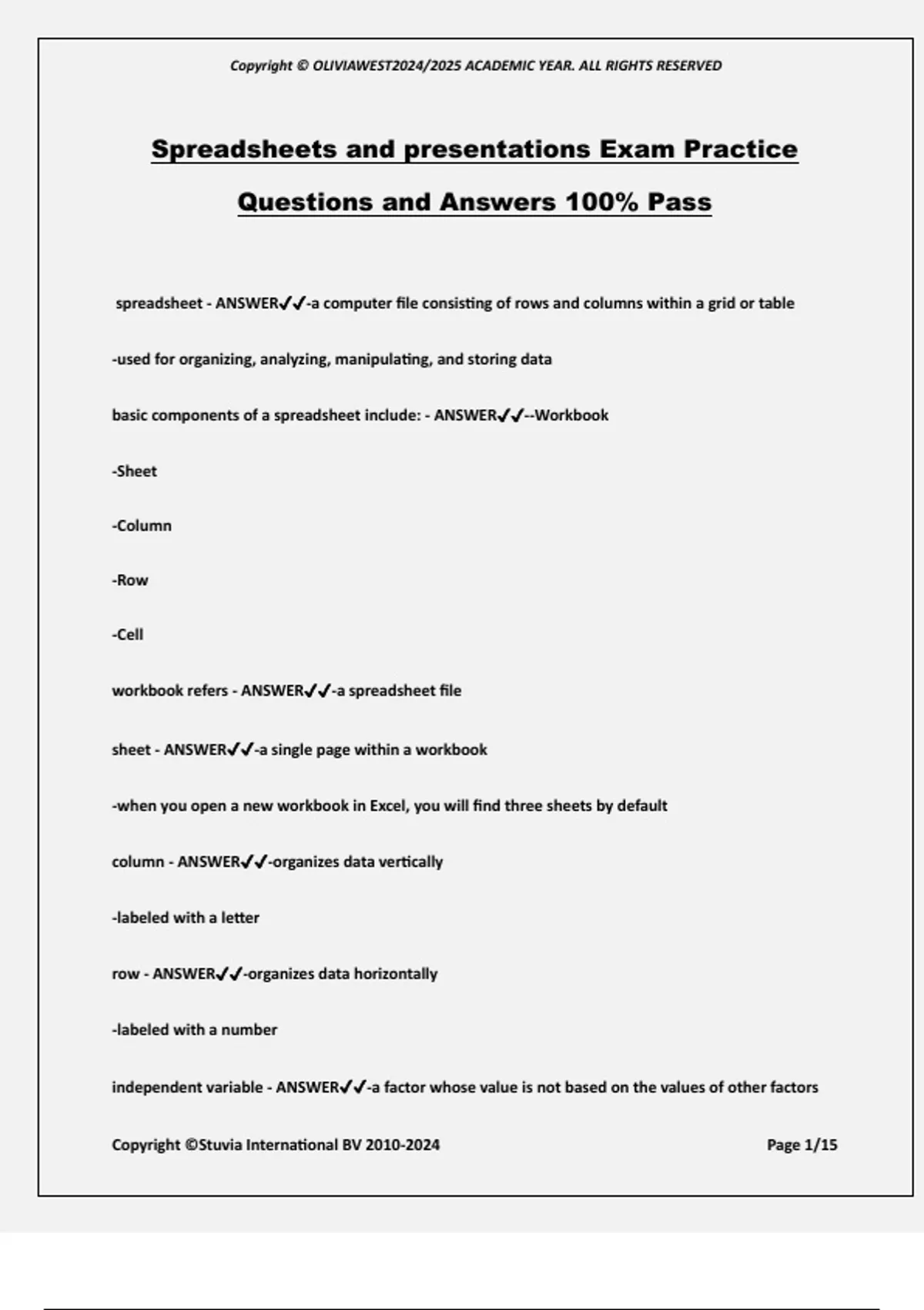 Spreadsheets and presentations Exam Practice Questions and Answers 100% ...