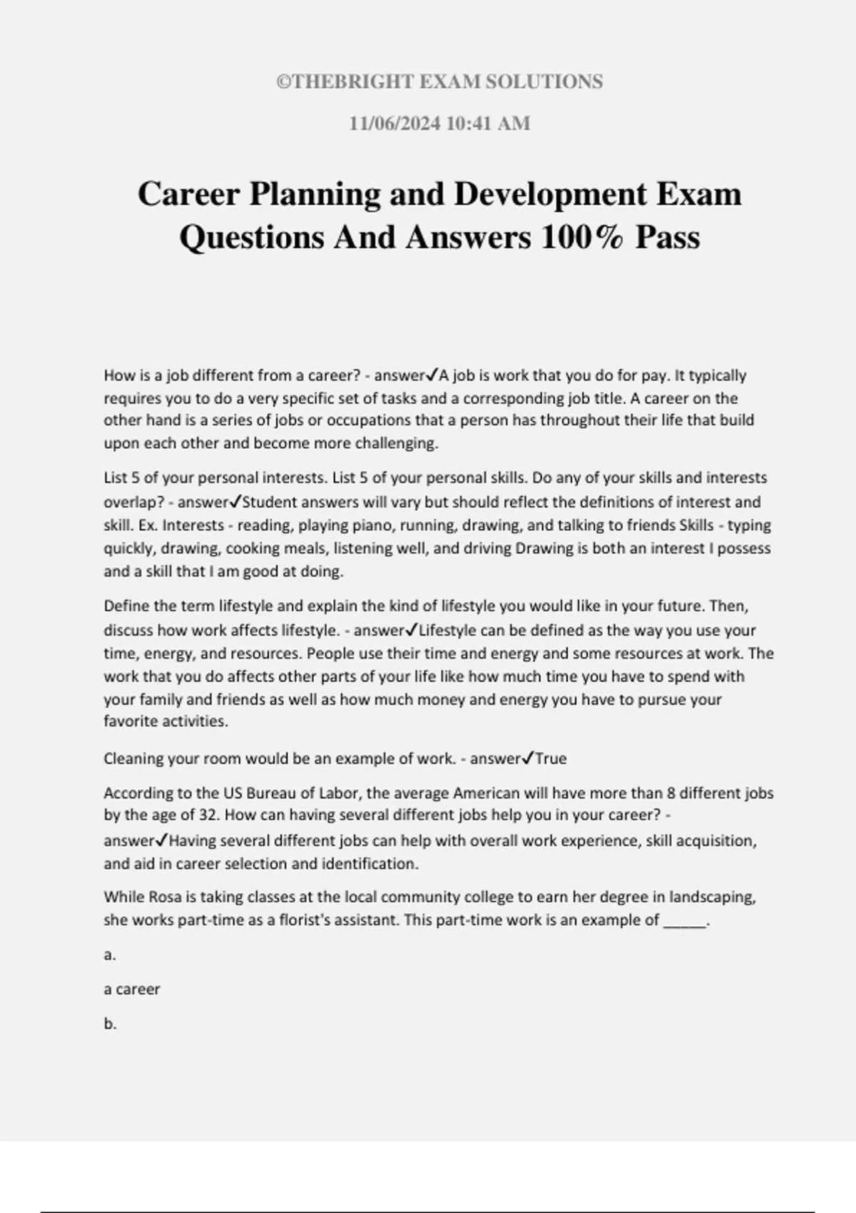 Career Planning and Development Exam Questions And Answers 100% Pass ...