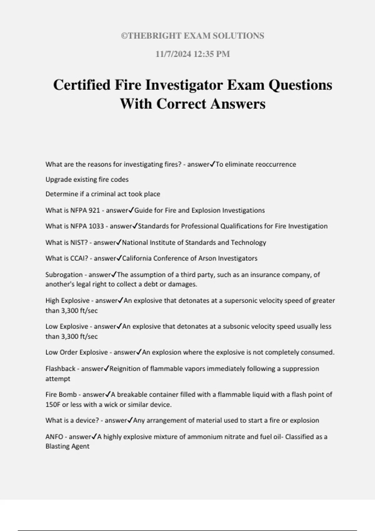 Certified Fire Investigator Exam Questions With Correct Answers ...