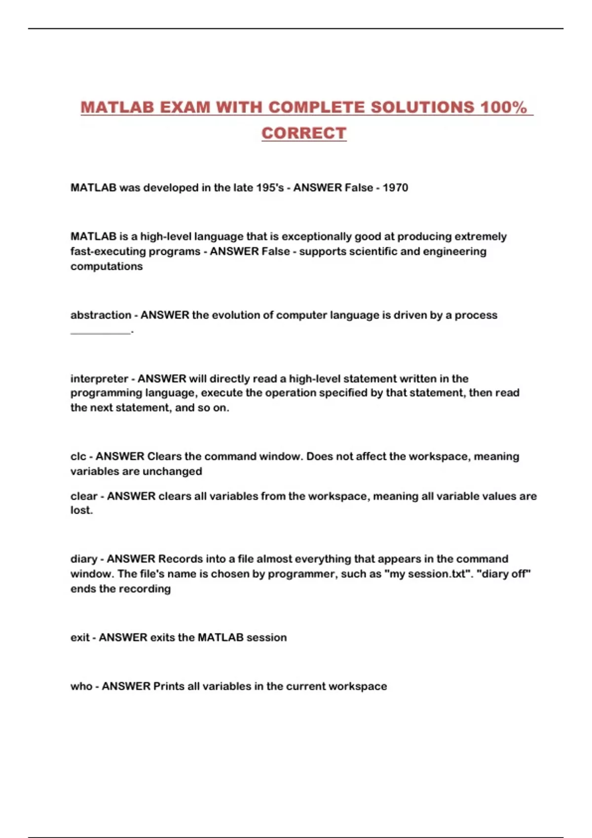 MATLAB EXAM WITH COMPLETE SOLUTIONS 100% CORRECT - MATLAB - Stuvia US