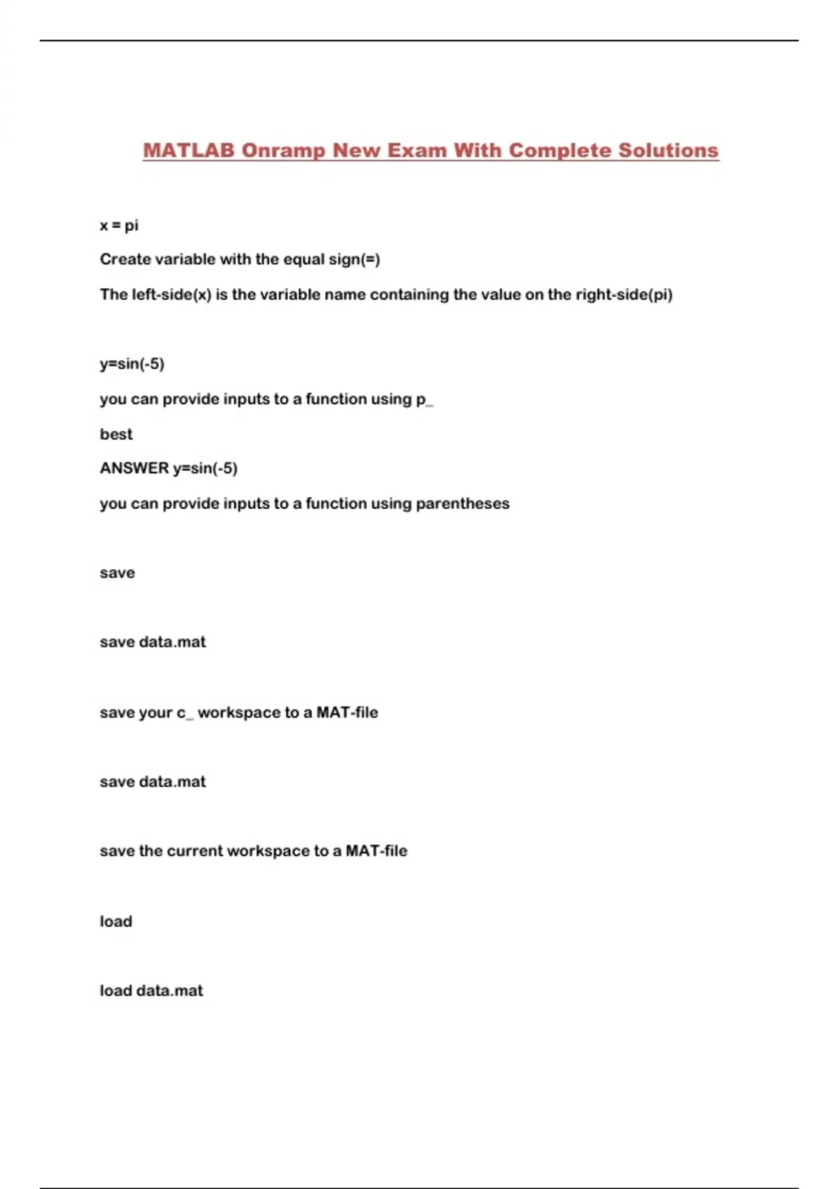 MATLAB Onramp New Exam With Complete Solutions - MATLAB Onramp - Stuvia US