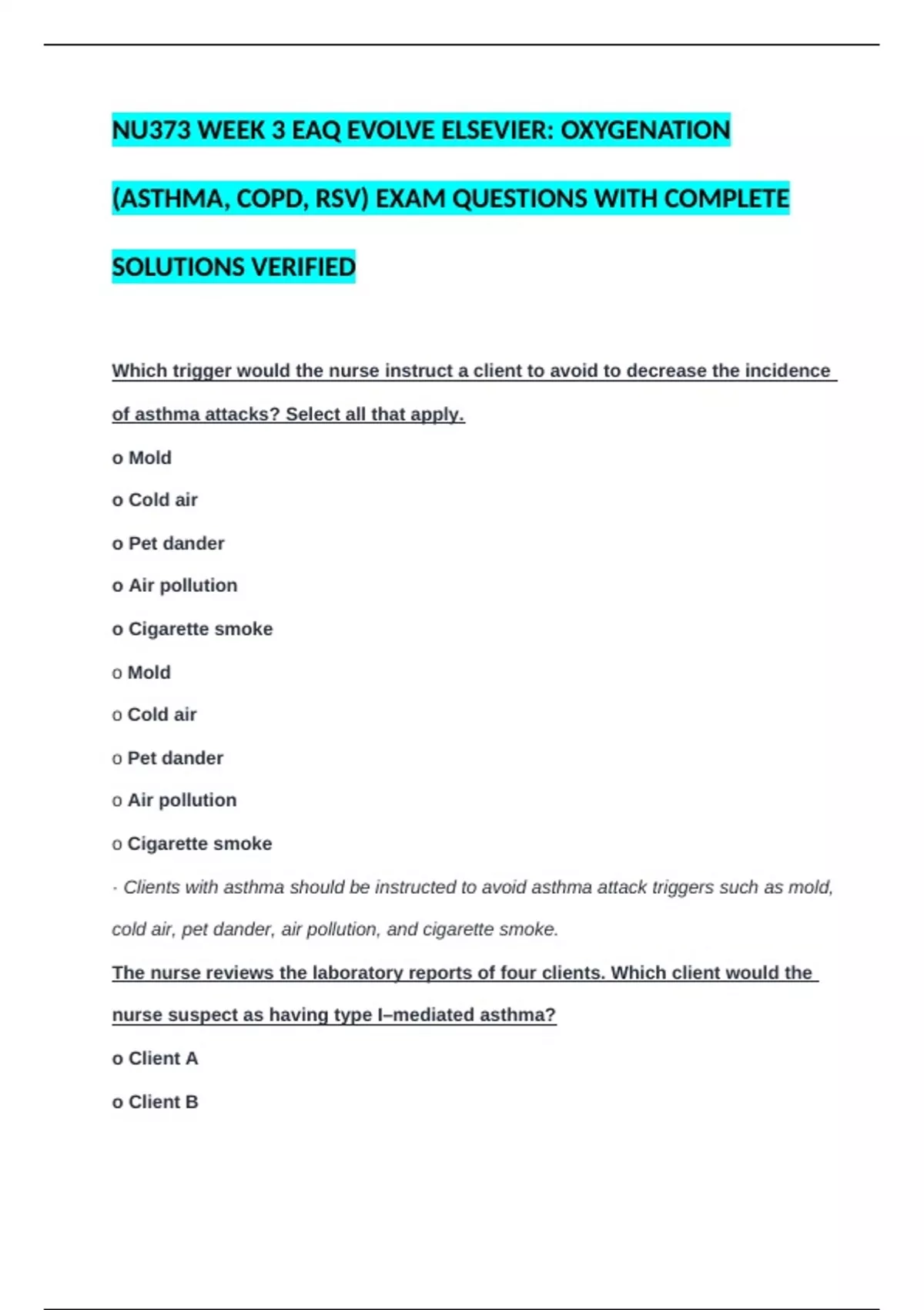 NU373 WEEK 3 EAQ EVOLVE ELSEVIER: OXYGENATION (ASTHMA, COPD, RSV) EXAM ...