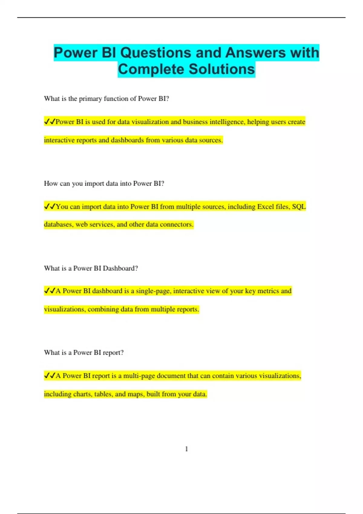 Power BI Questions and Answers with Complete Solutions - Power BI - Stuvia US