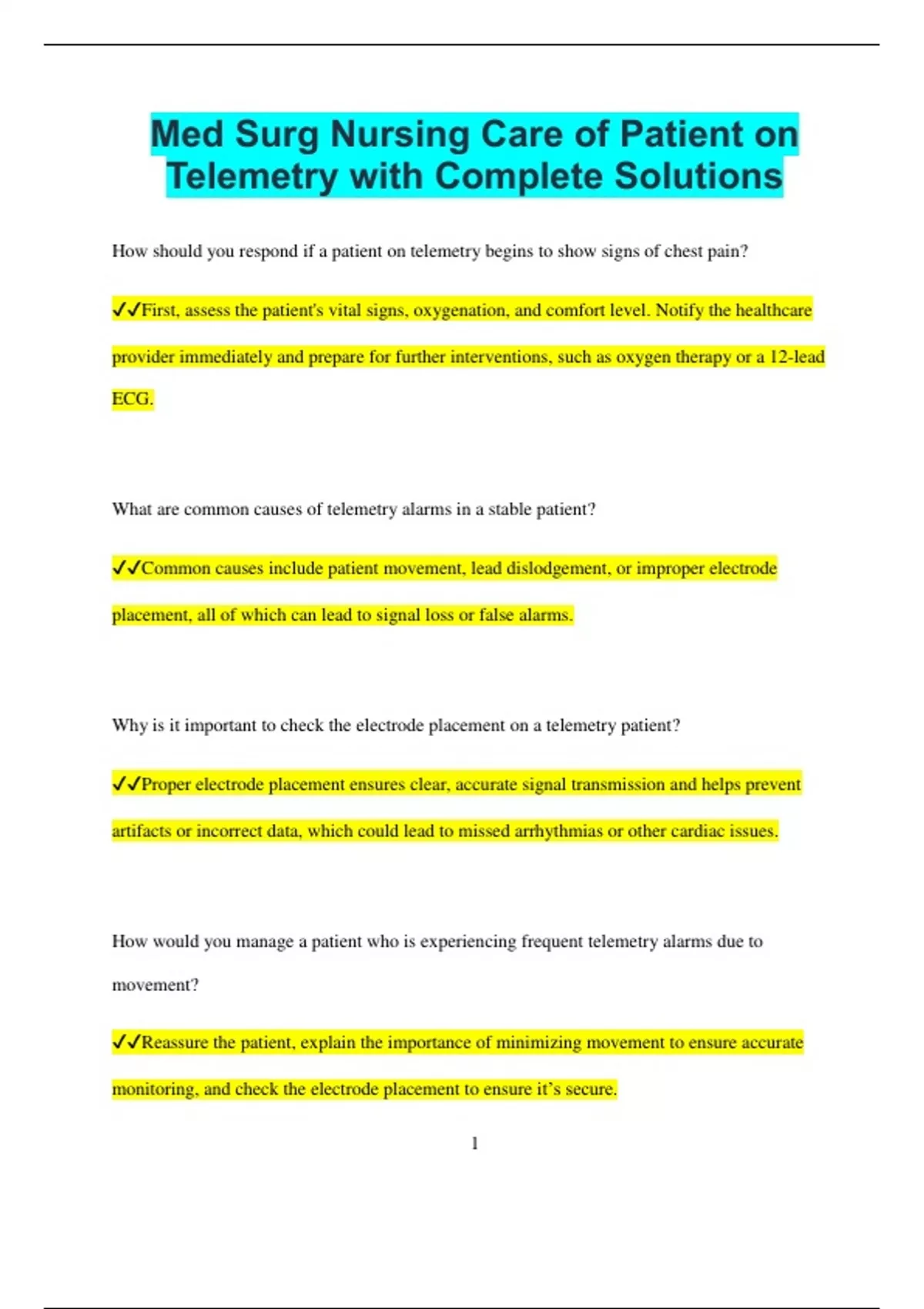 Med Surg Nursing Care of Patient on Telemetry with Complete Solutions ...