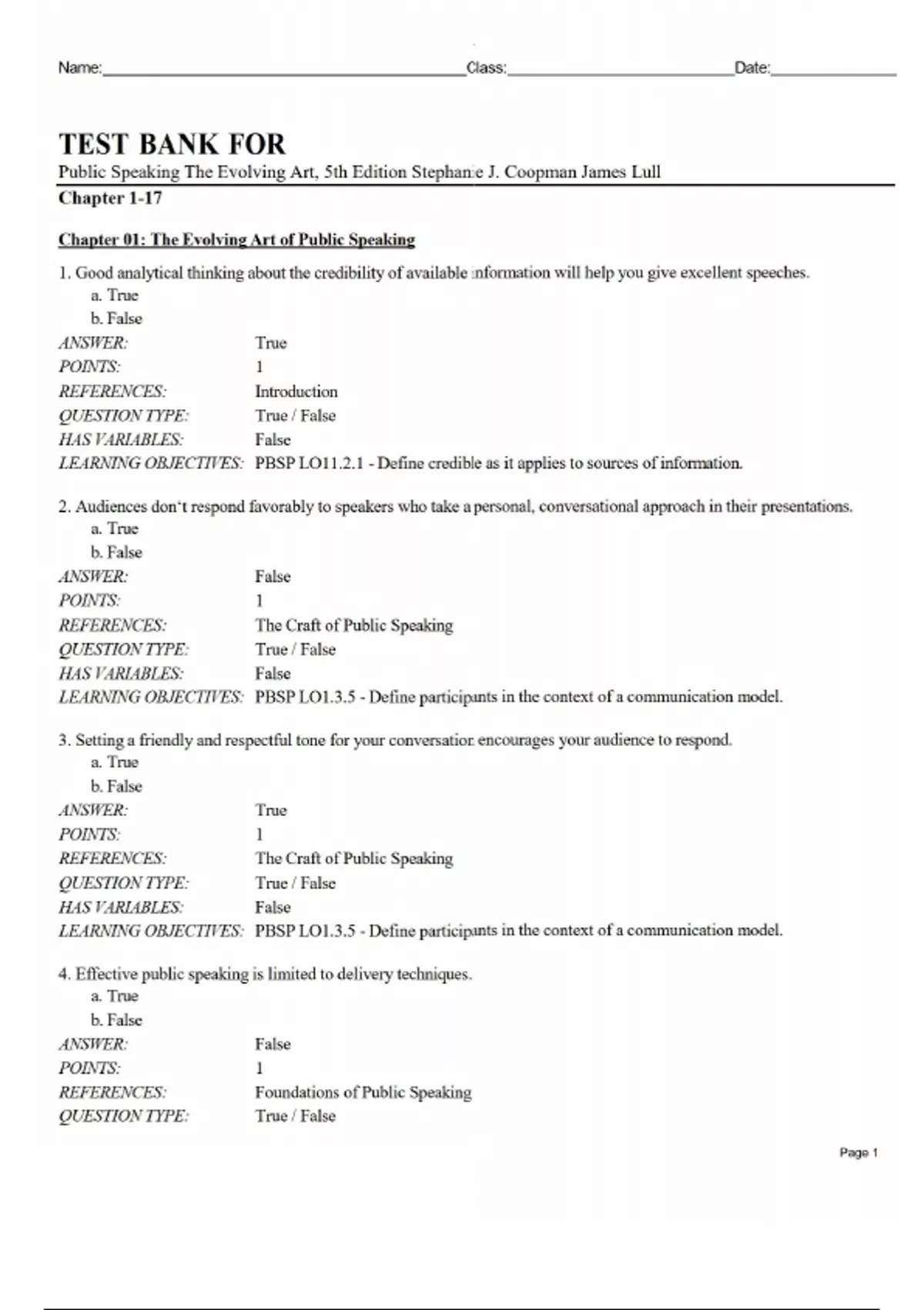 TEST BANK FOR Public Speaking The Evolving Art, 5th Edition By ...