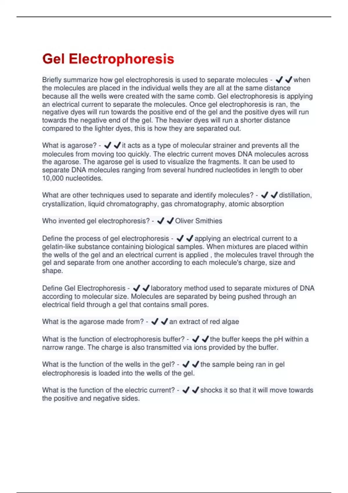 Gel Electrophoresis Questions and Answers - Gel Electrophoresis - Stuvia US