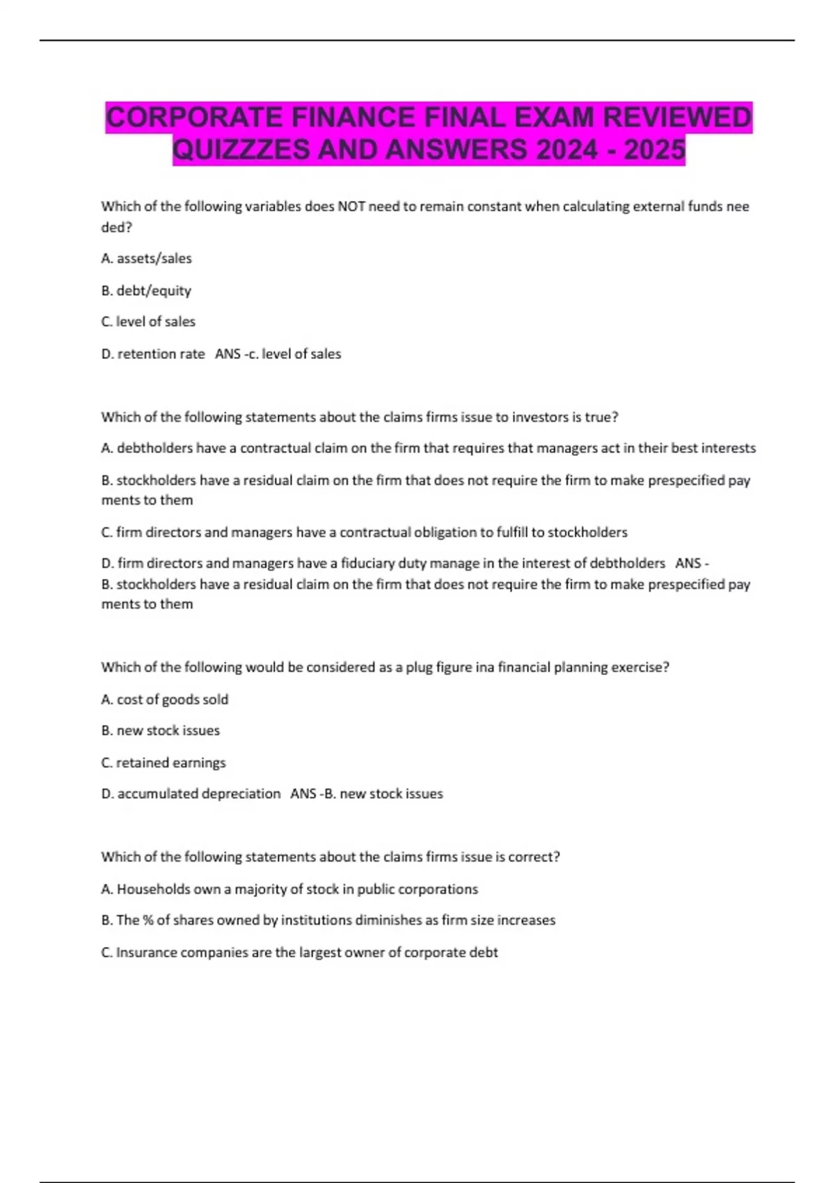 CORPORATE FINANCE FINAL EXAM REVIEWED QUIZZZES AND ANSWERS - Corporate ...
