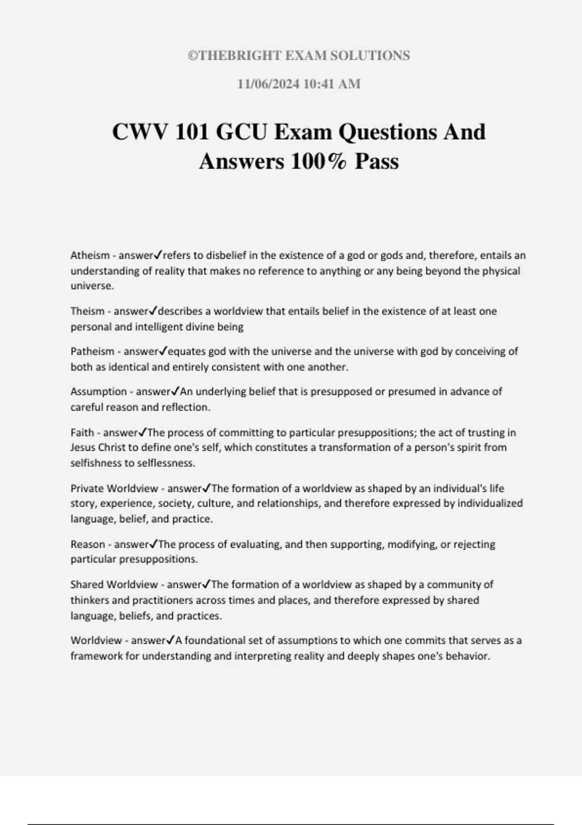 CWV 101 GCU Exam Questions And Answers 100% Pass - CWV 101 - Stuvia US