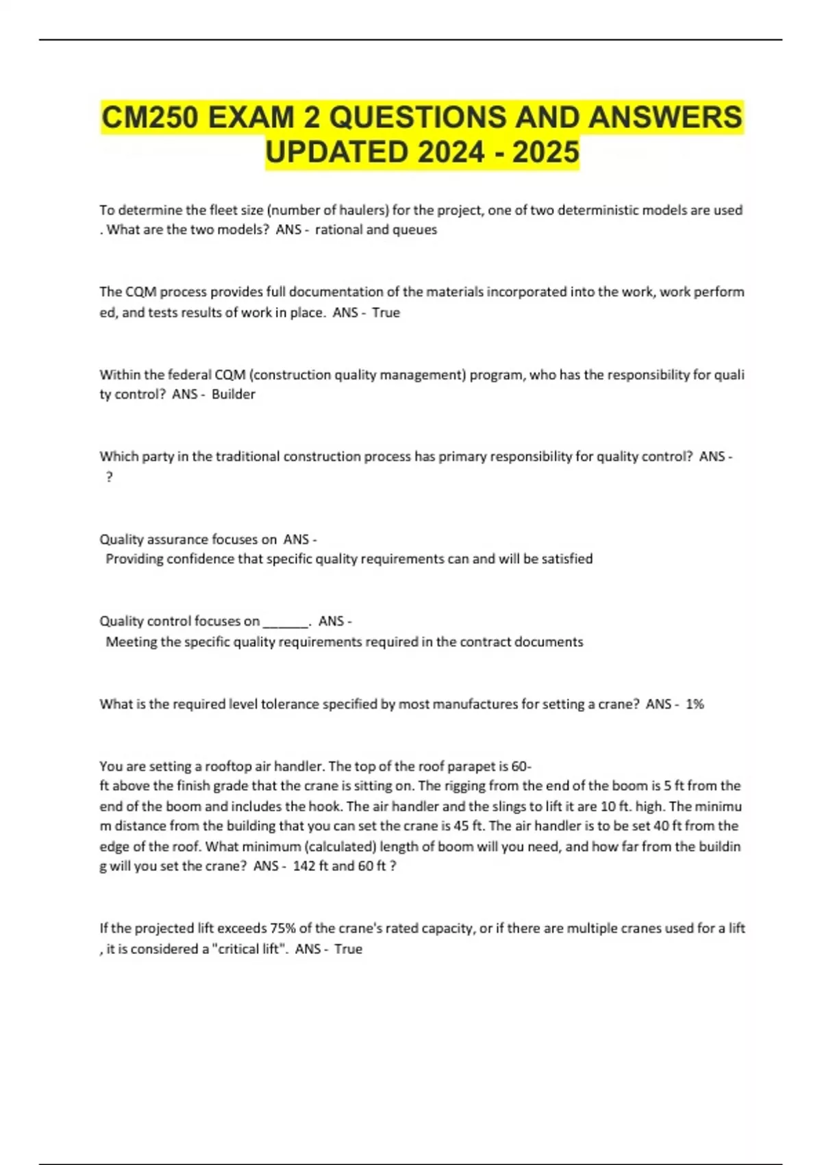 CM250 EXAM 2 QUESTIONS AND ANSWERS UPDATED - CQM-C - Stuvia US