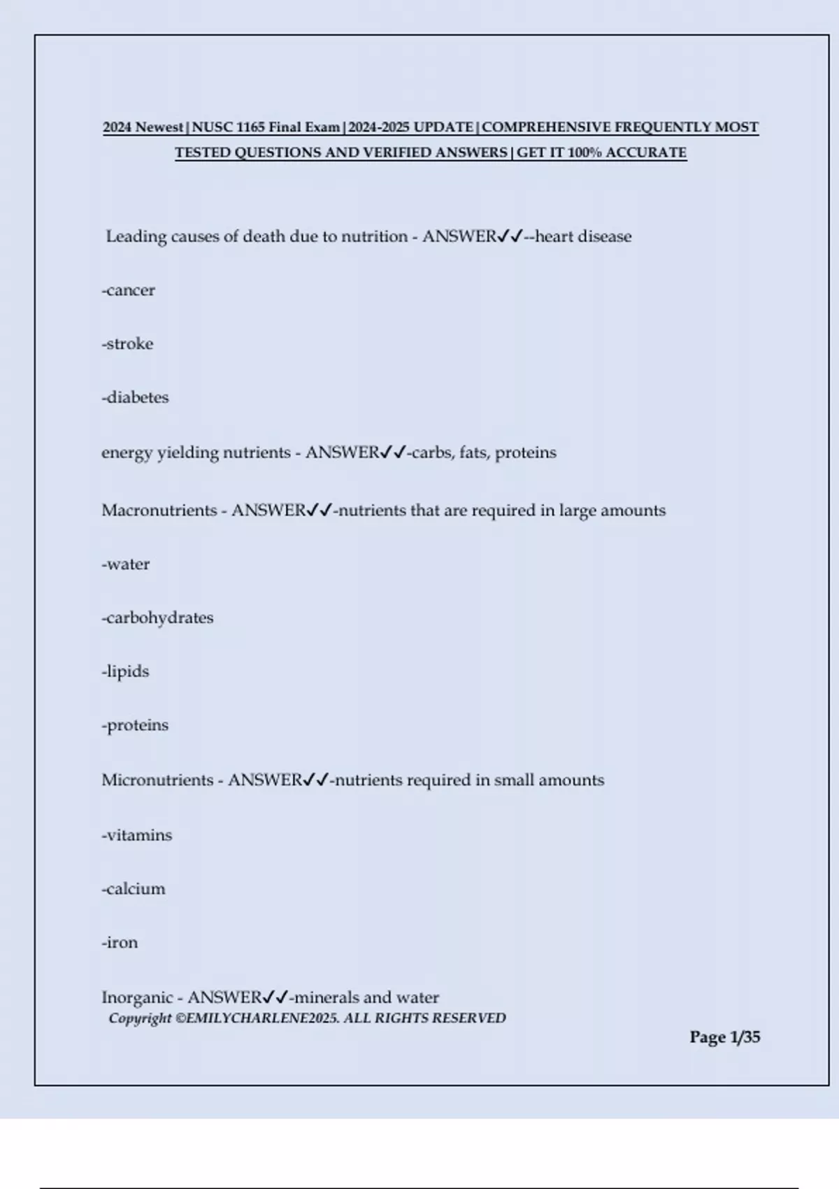 2024 Newest|NUSC 1165 Final Exam| UPDATE|COMPREHENSIVE FREQUENTLY MOST ...