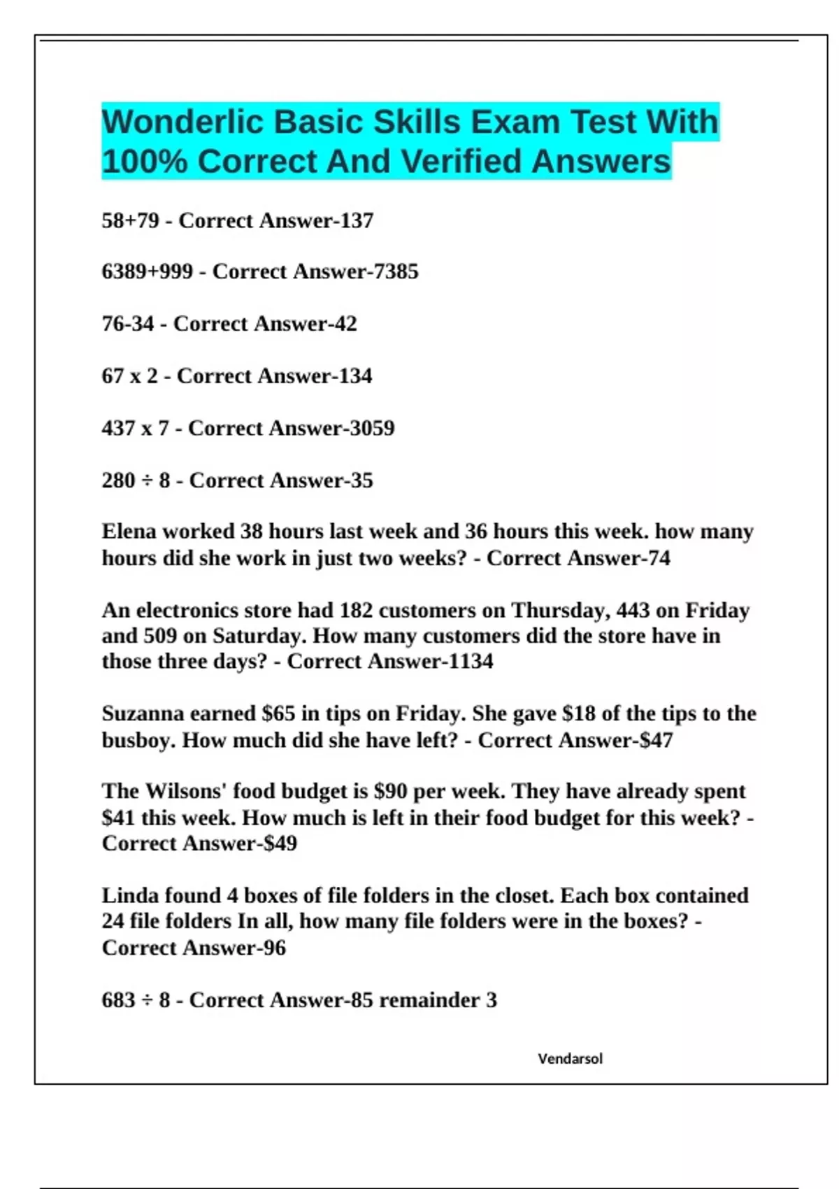 Wonderlic Basic Skills Exam Test With 100% Correct And Verified Answers ...