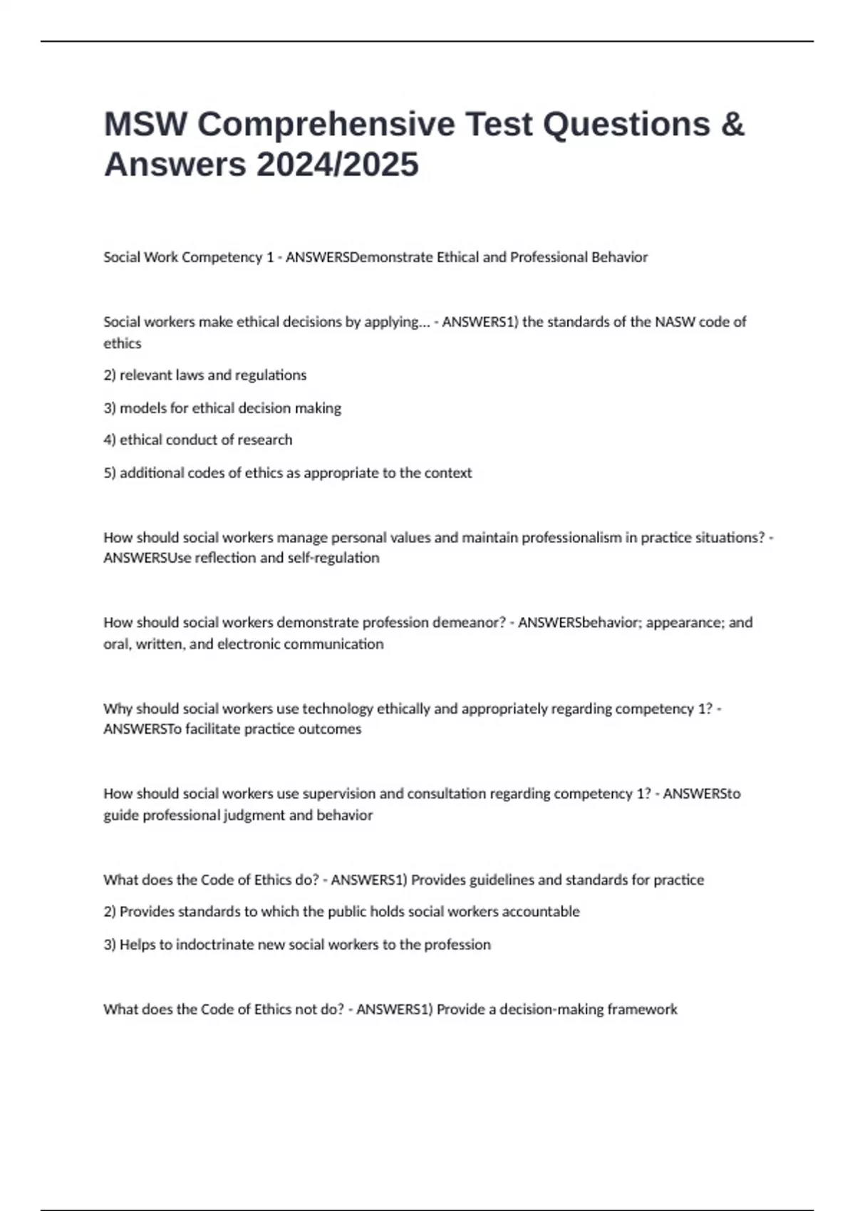 MSW Comprehensive Test Questions & Answers 2024/2025 - MSW ...