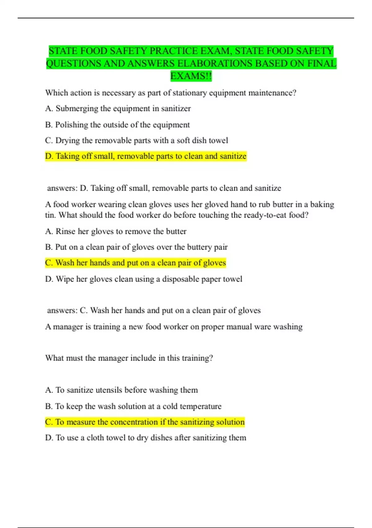 STATE FOOD SAFETY PRACTICE EXAM, STATE FOOD SAFETY QUESTIONS AND ...