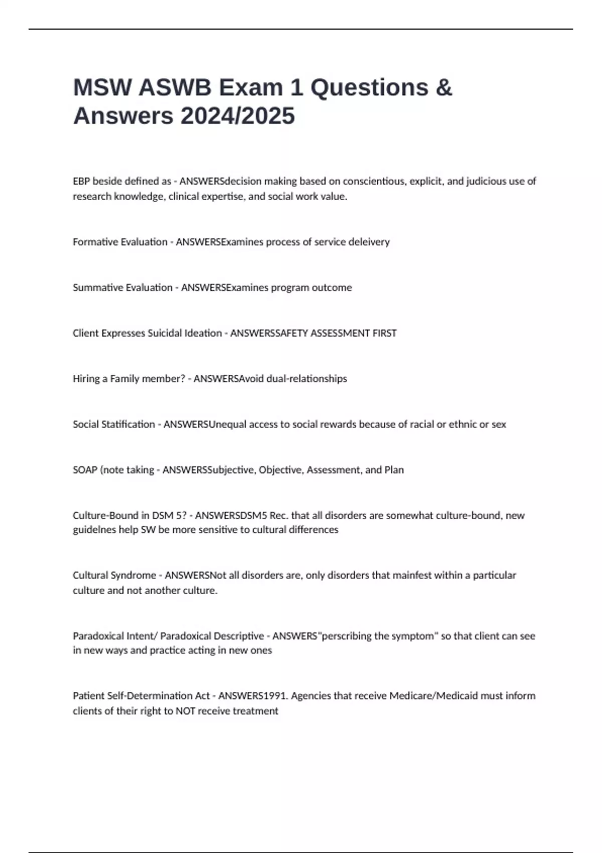 MSW ASWB Exam 1 Questions & Answers 2024/2025 - MSW ASWB - Stuvia US