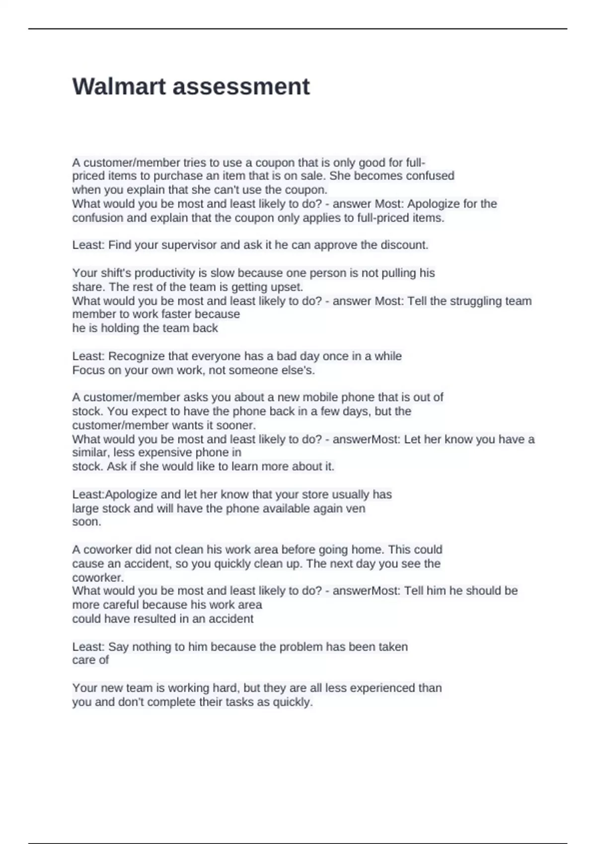 Walmart assessment Questions and Answers 2024 - Walmart - Stuvia US