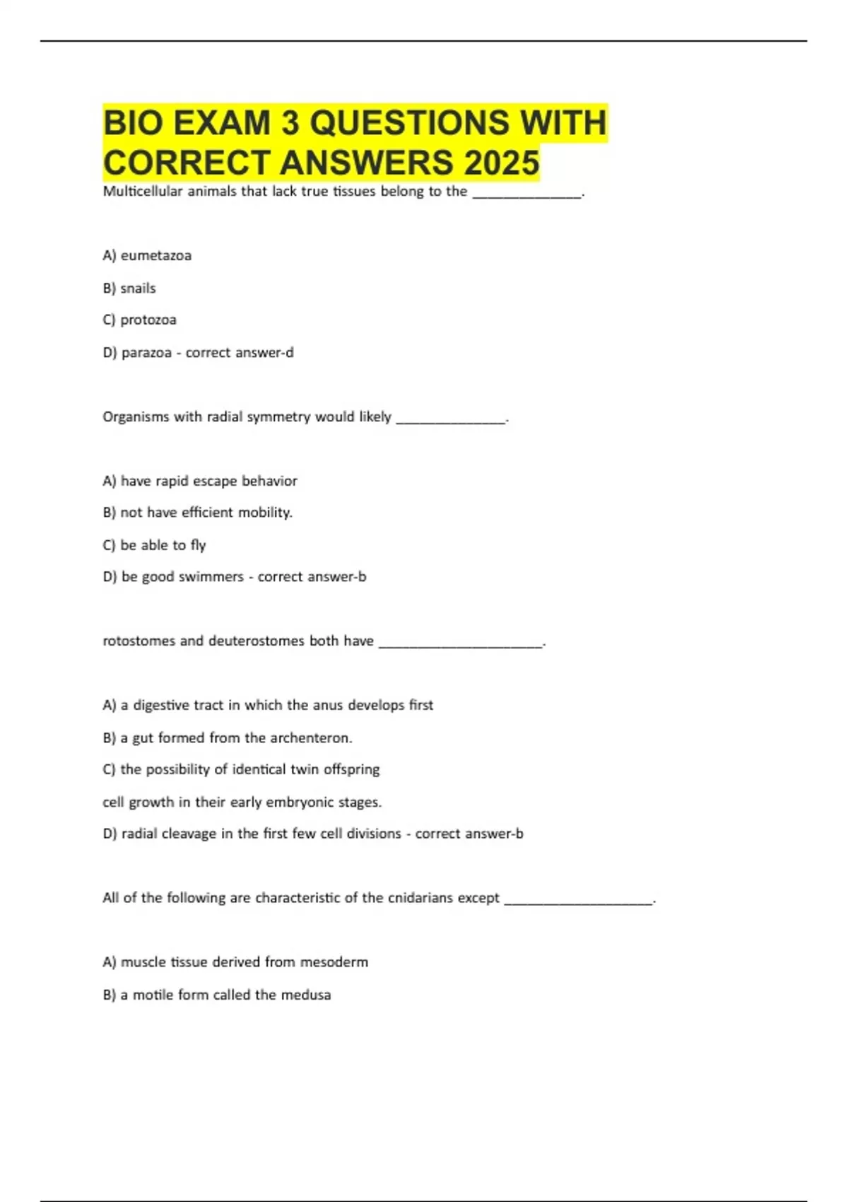 BIO EXAM 3 QUESTIONS WITH CORRECT ANSWERS 2025 - Hsi biology - Stuvia US