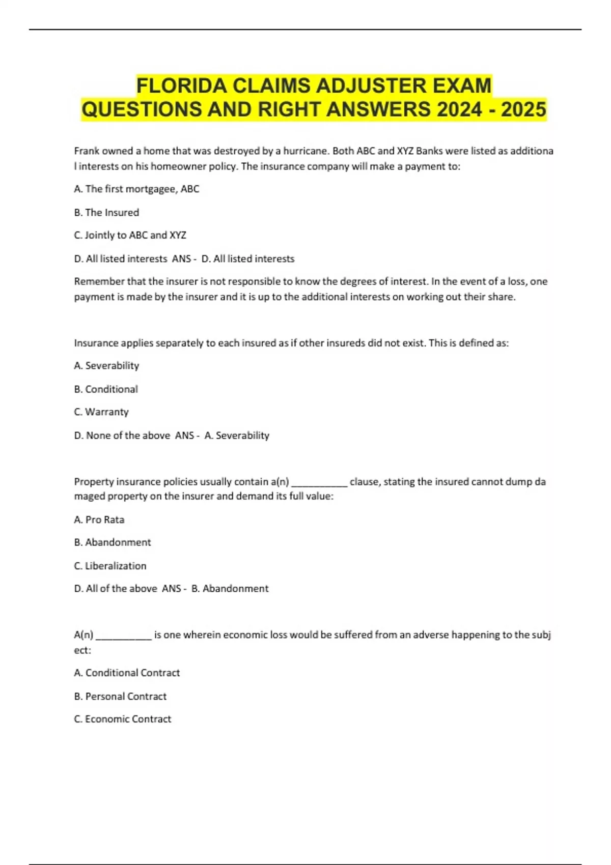 FLORIDA CLAIMS ADJUSTER EXAM QUESTIONS AND RIGHT ANSWERS - Claims ...