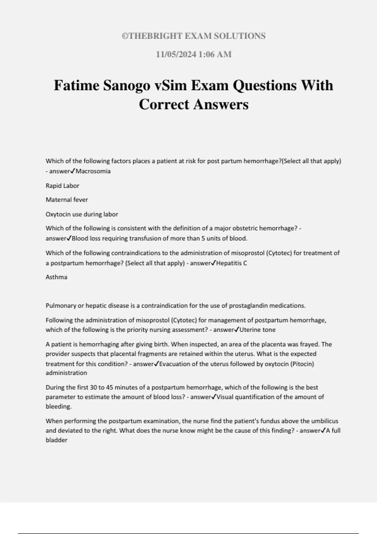 Fatime Sanogo vSim Exam Questions With Correct Answers - Fatime Sanogo ...