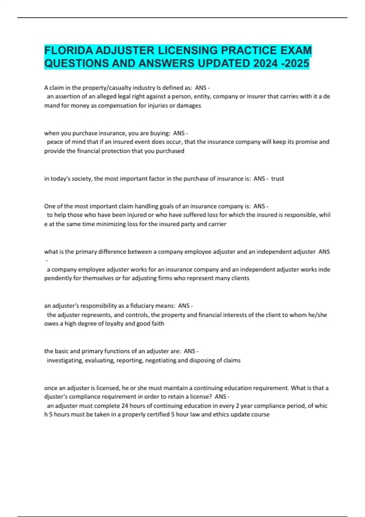 FLORIDA ADJUSTER LICENSING PRACTICE EXAM QUESTIONS AND ANSWERS UPDATED ...