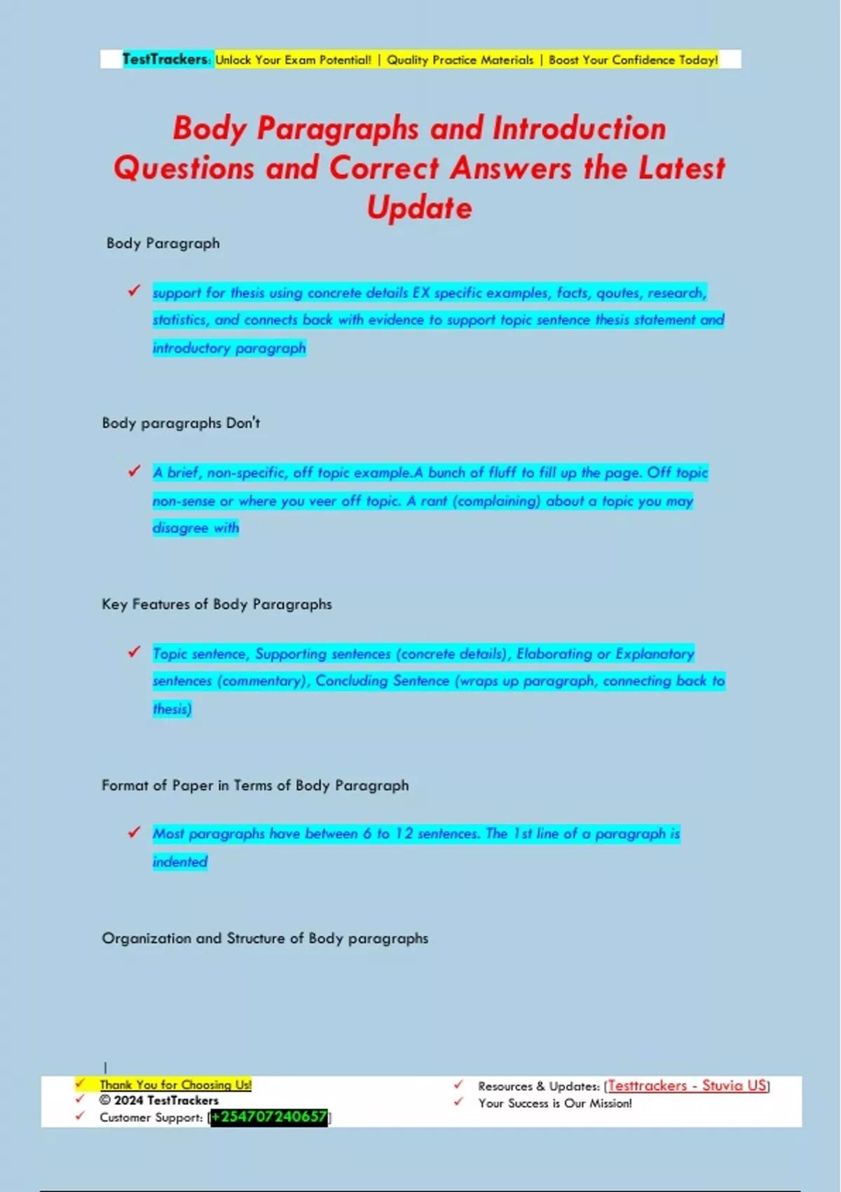 Body Paragraphs and Introduction Questions and Correct Answers the ...