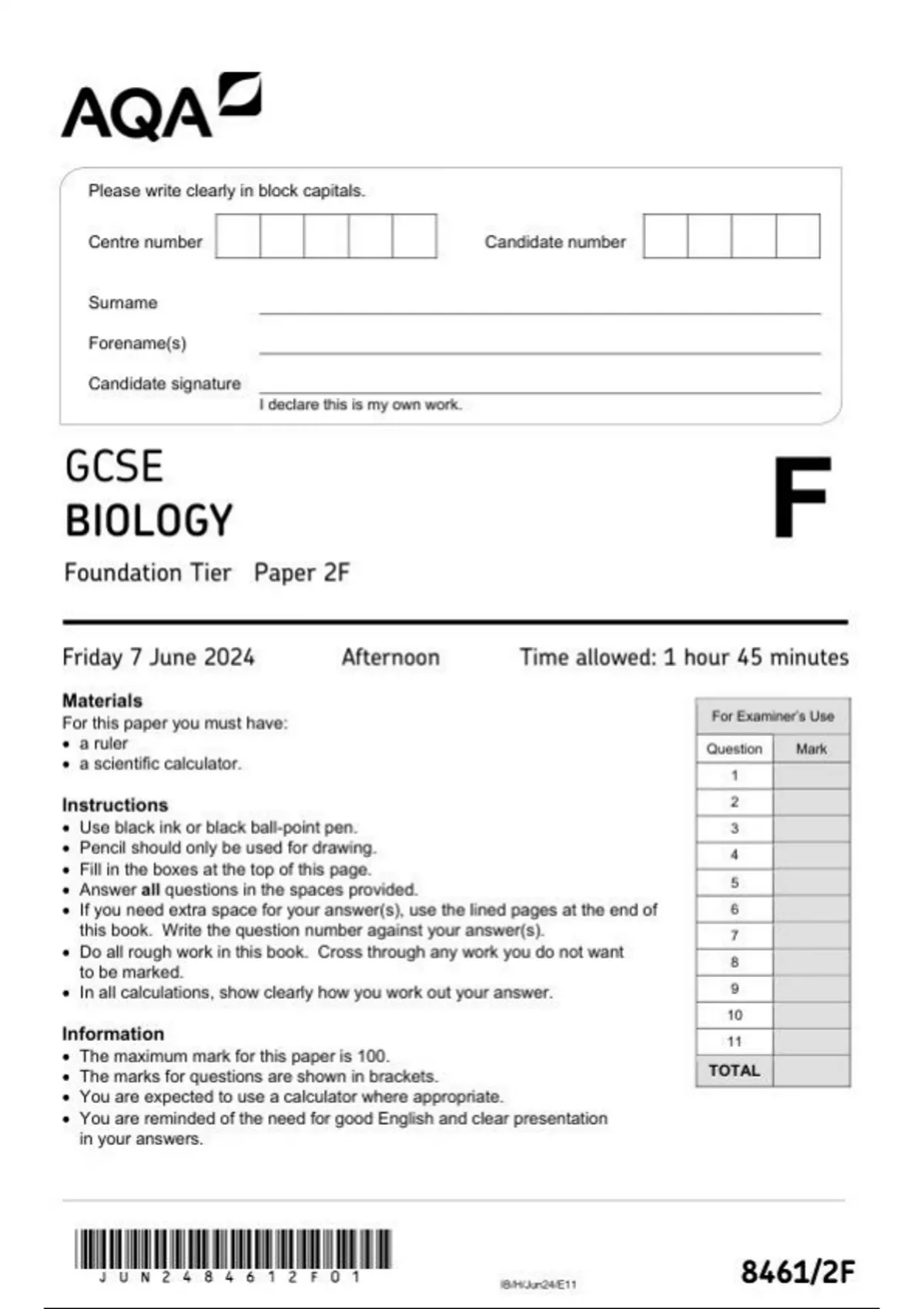 AQA GCSE BIOLOGY Foundation Tier Paper 2F 8461/2f question paper june ...