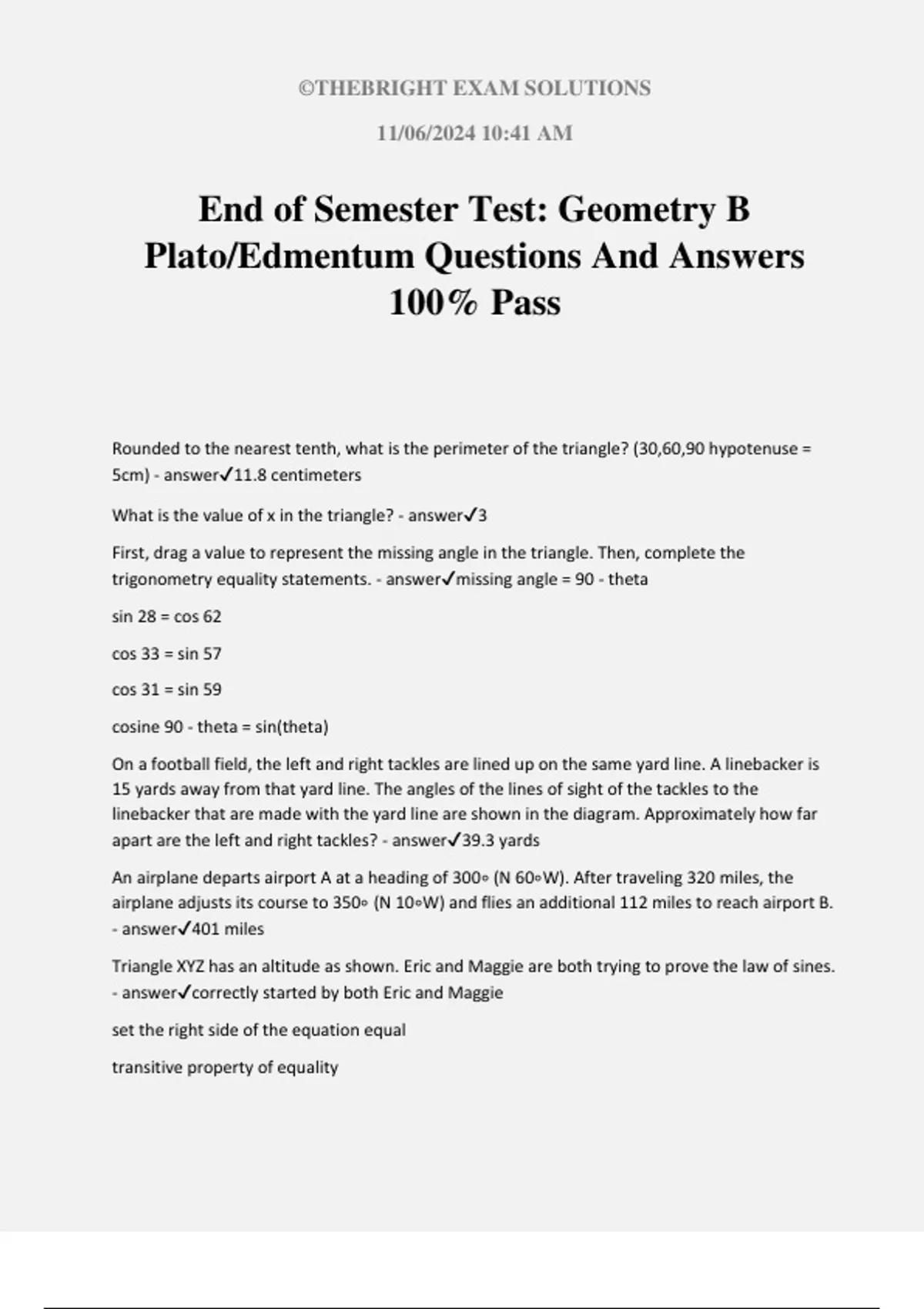 End of Semester Test: Geometry B Plato/Edmentum Questions And Answers ...