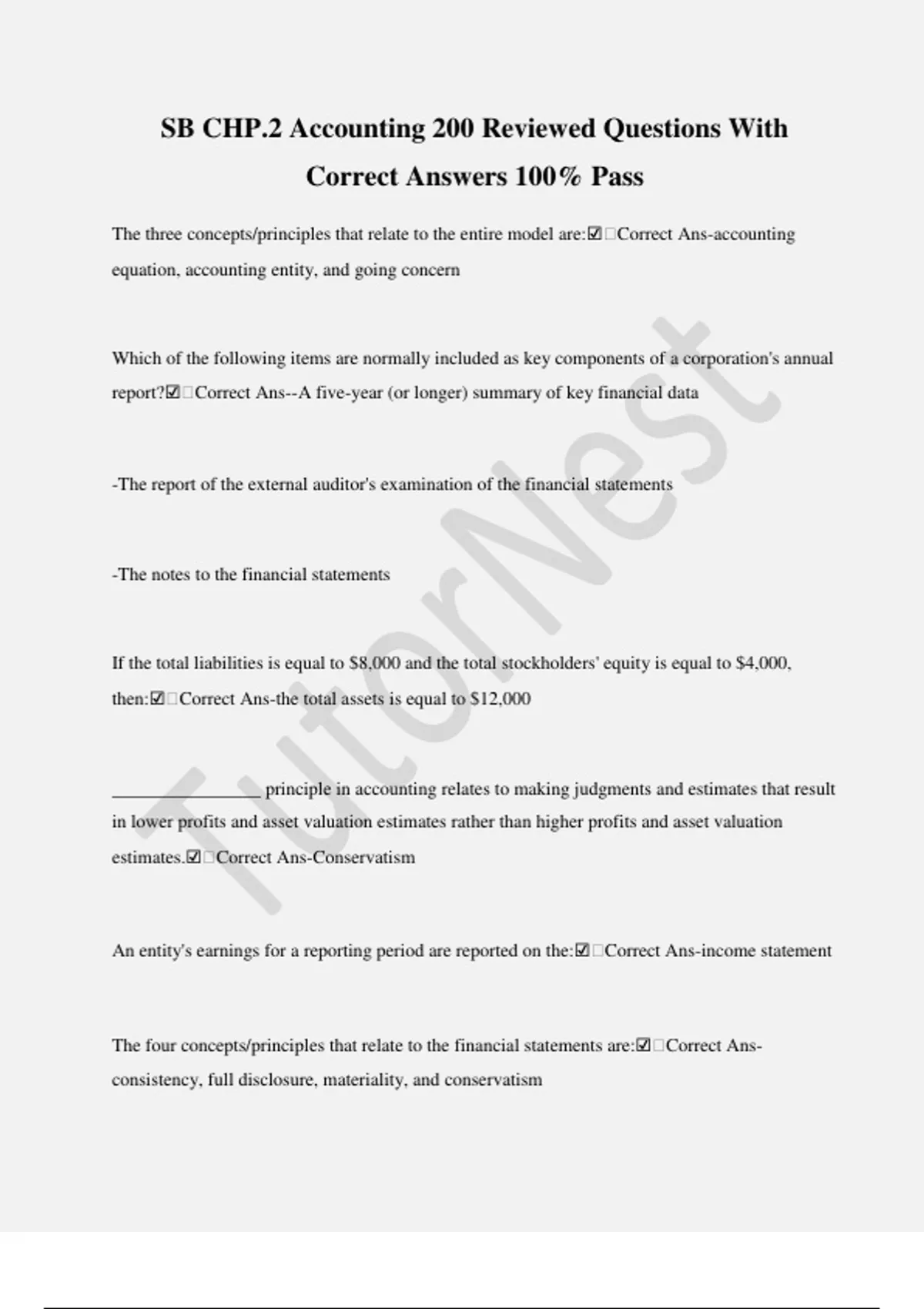 SB CHP.2 Accounting 200 Reviewed Questions With Correct Answers 100% ...