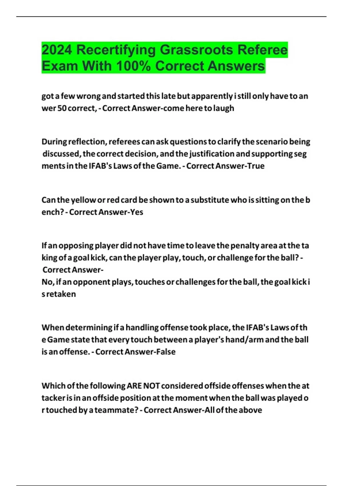 2024 Recertifying Grassroots Referee Exam With 100% Correct Answers ...