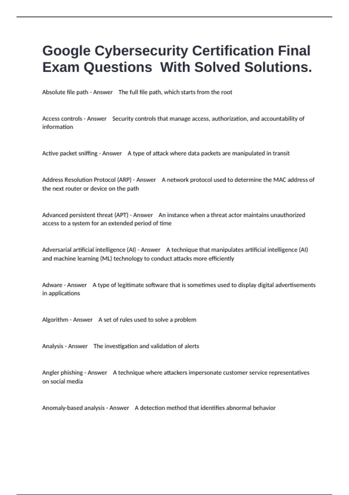 Google Cybersecurity Certification Final Exam Questions With Solved ...