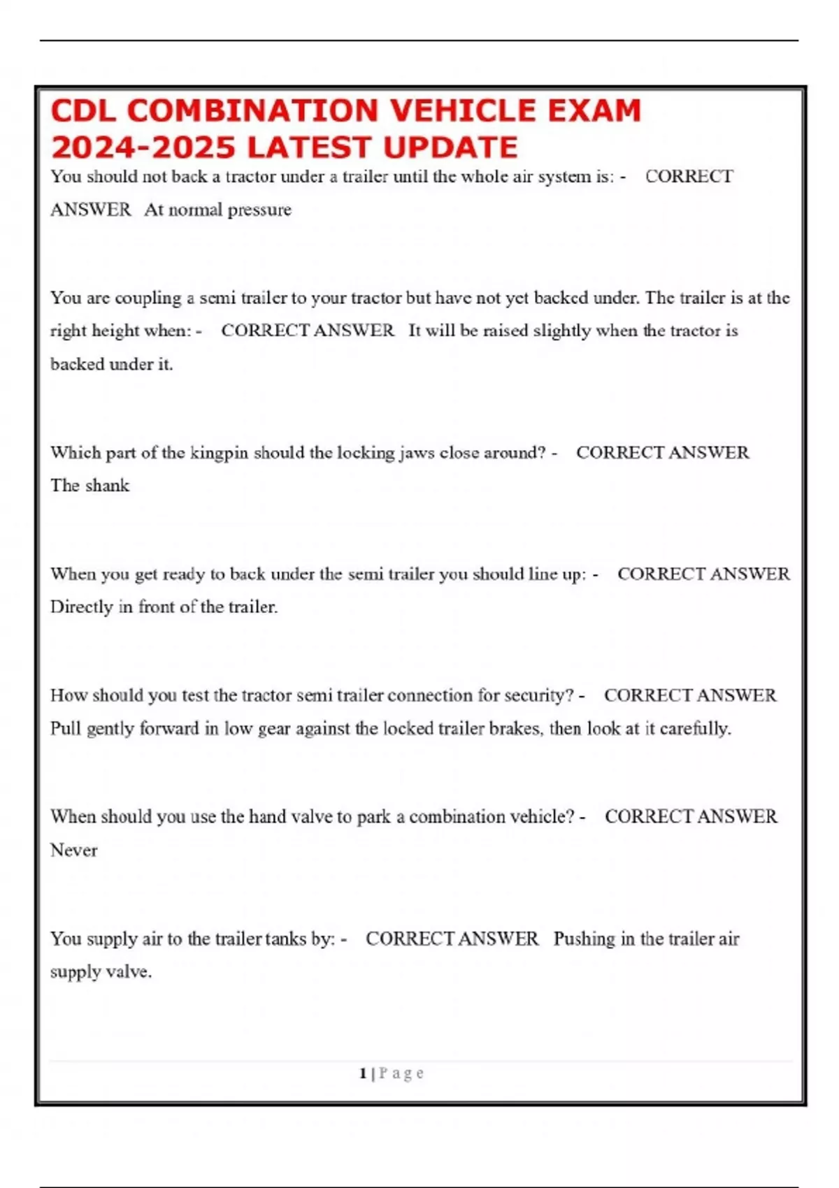 CDL COMBINATION VEHICLE EXAM LATEST UPDATE - Cdl - Stuvia US