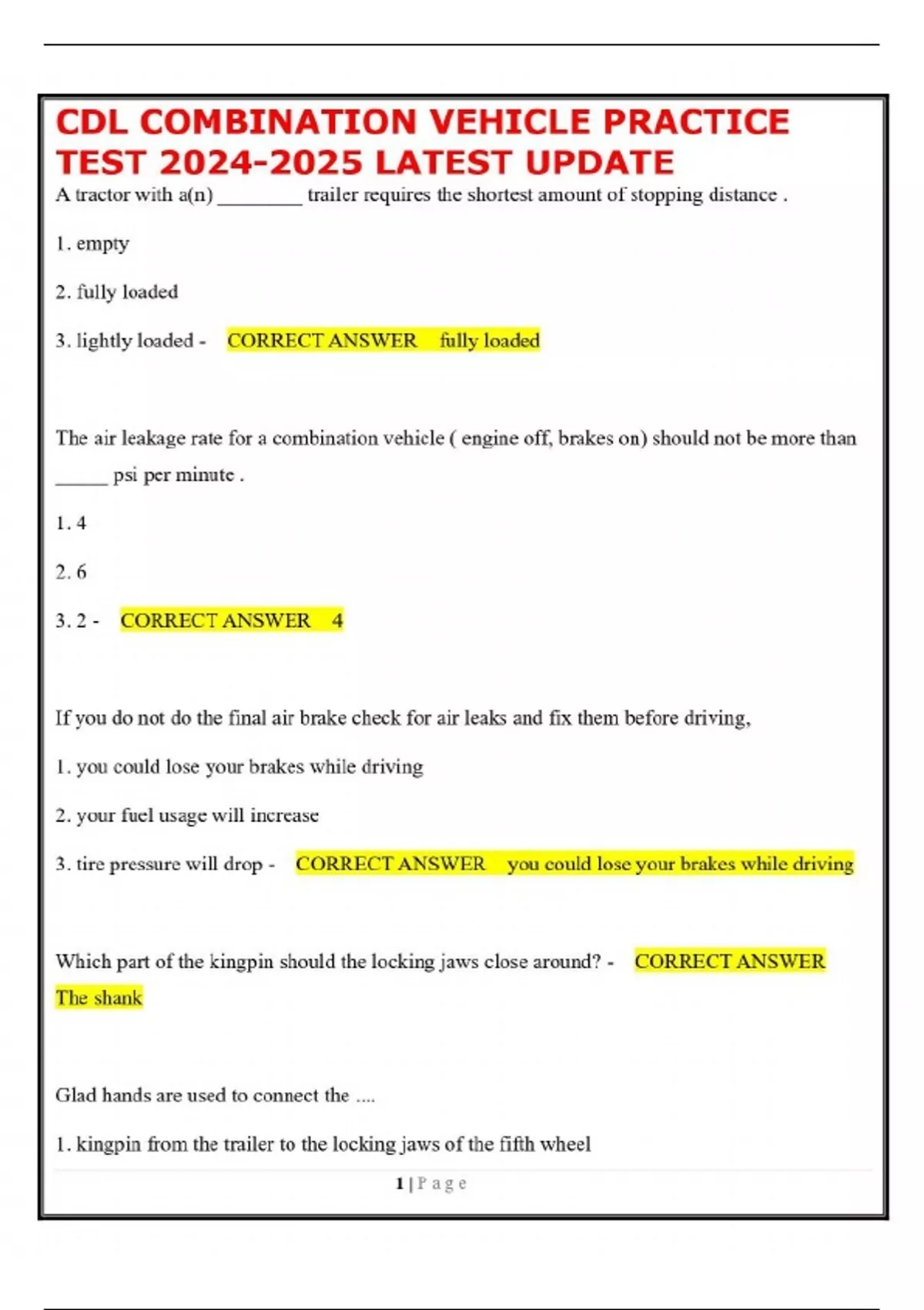 CDL COMBINATION VEHICLE PRACTICE TEST LATEST UPDATE - CDL COMBINATION ...
