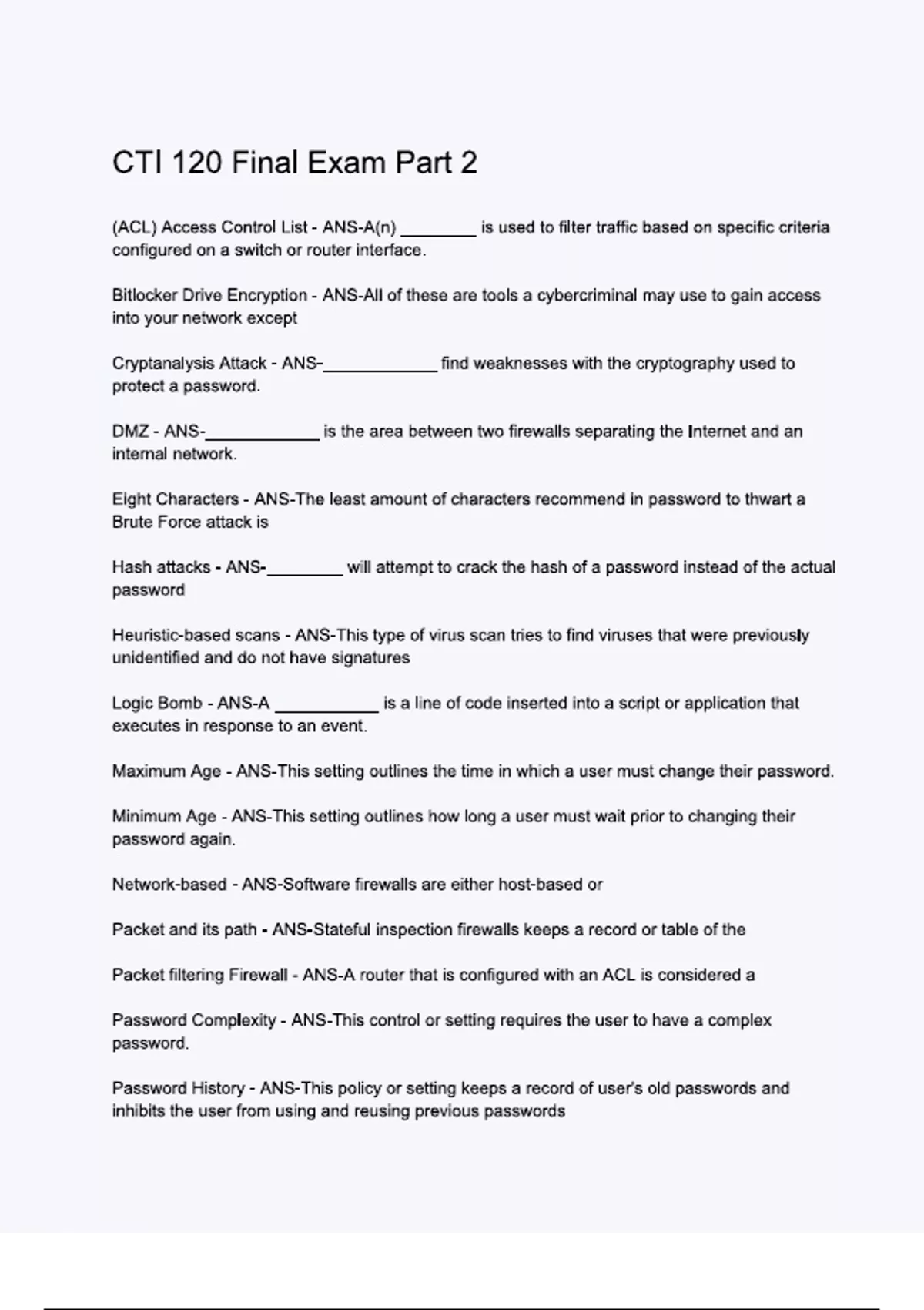 CTI 120 Final Exam Part 2 exam questions with correct answers with complete A+solution 2024/2025 ...