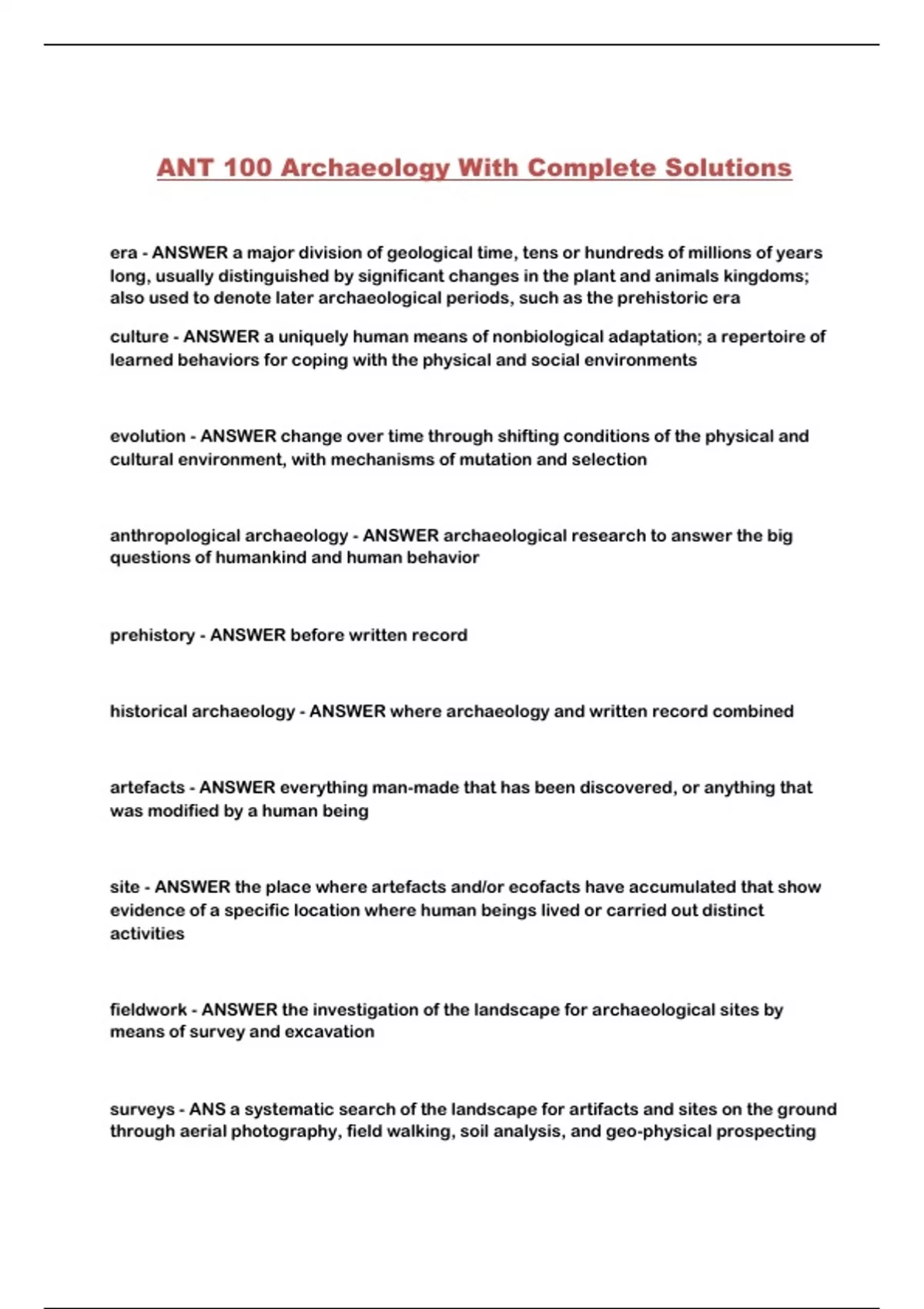 ANT 100 Archaeology With Complete Solutions - ANT 100 Archaeology ...