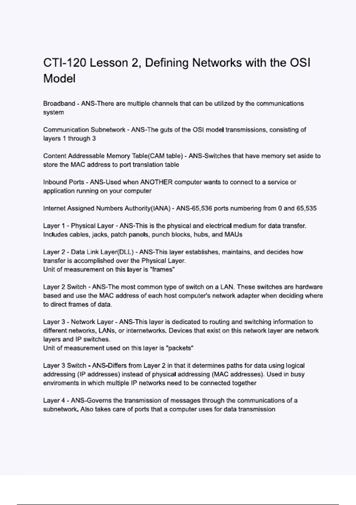CTI-120 Lesson 2, Defining Networks with the OSI Model exam questions with correct answers with ...