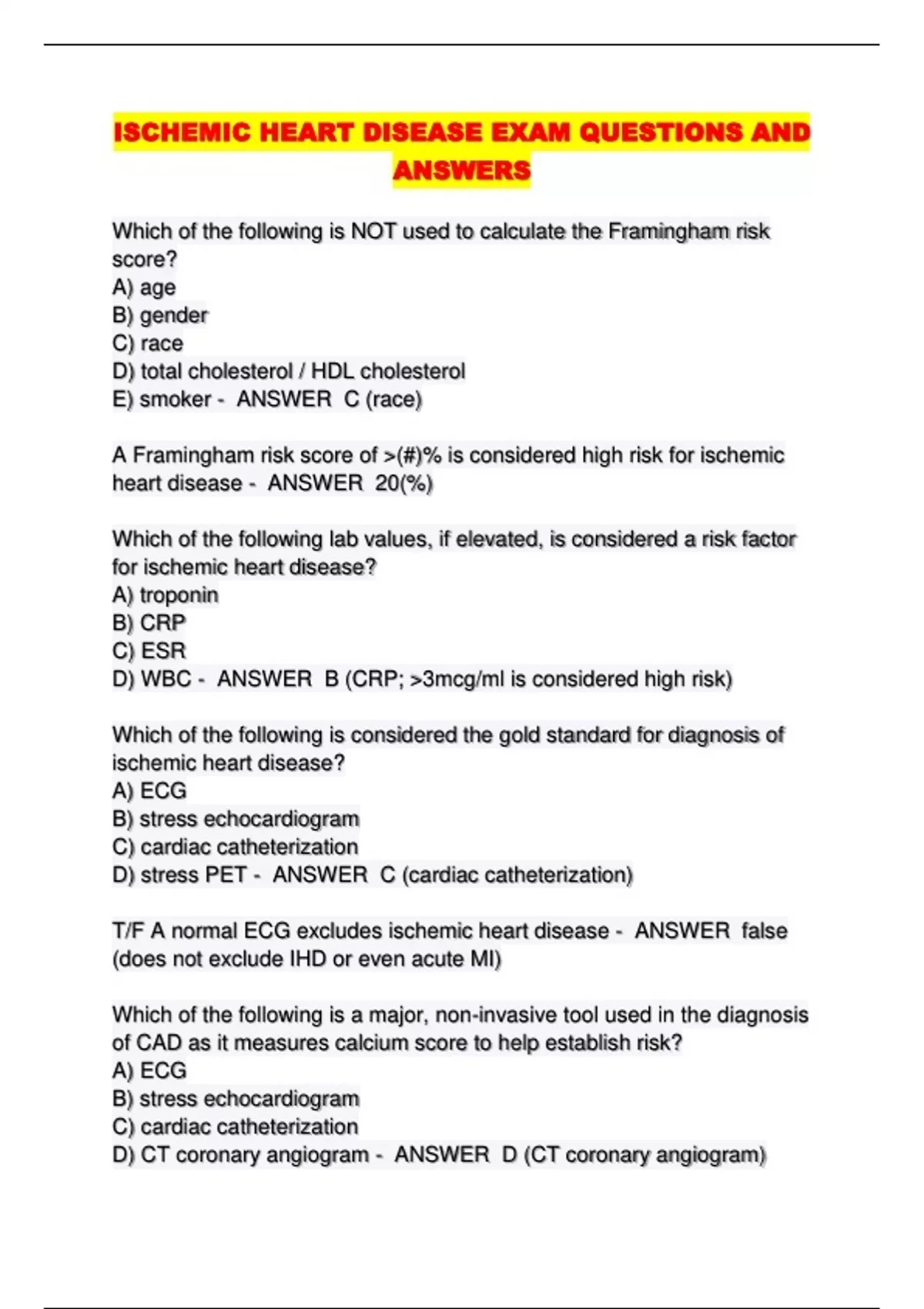 ISCHEMIC HEART DISEASE EXAM QUESTIONS AND ANSWERS - ISCHEMIC HEART ...