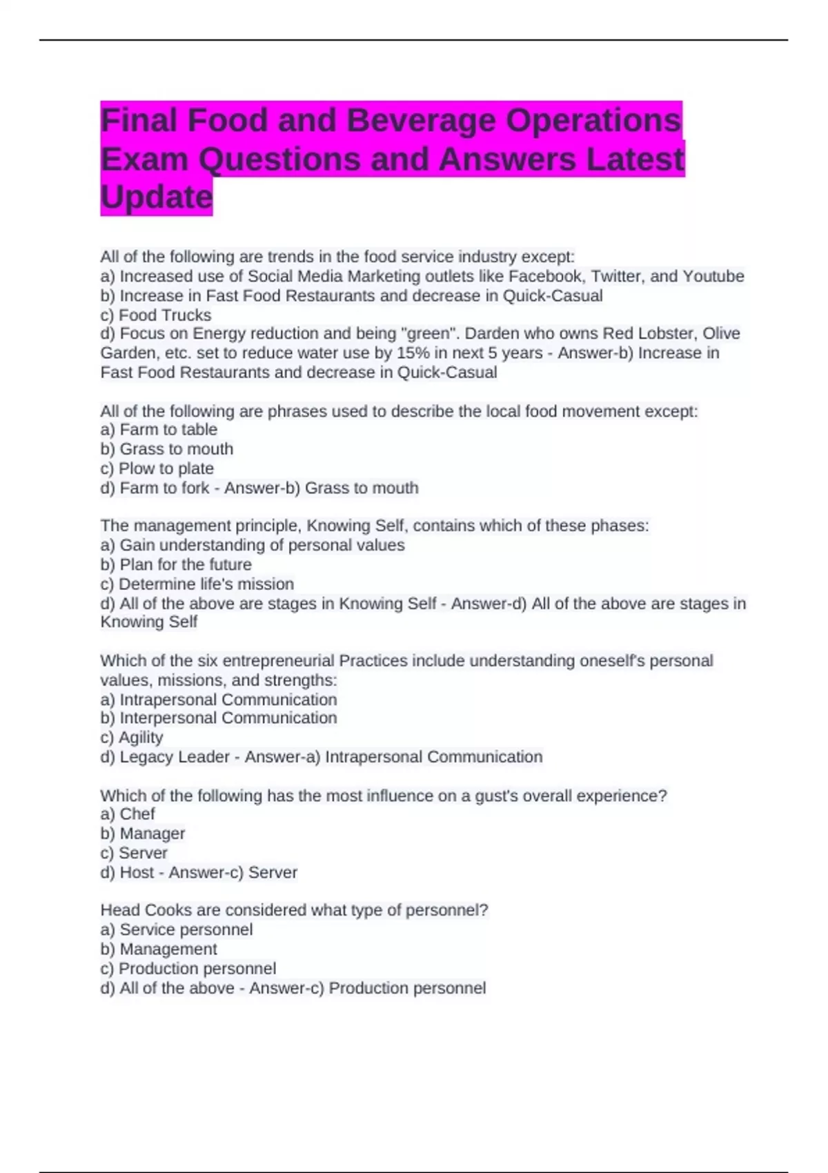 Final Food and Beverage Operations Exam Questions and Answers Latest ...