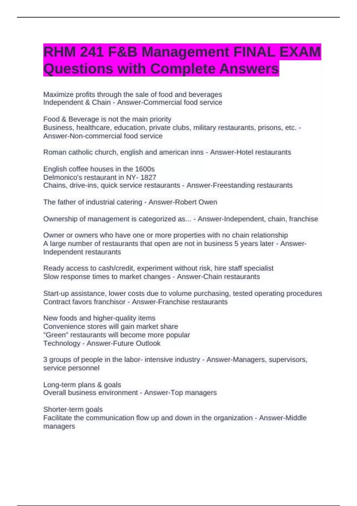 RHM 241 F&B Management FINAL EXAM Questions with Complete Answers - Food and Beverage Management ...