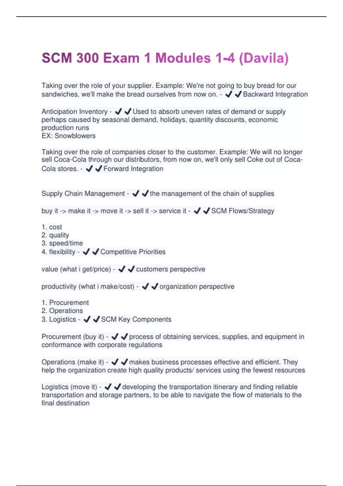 SCM 300 Exam 1 Modules 1-4 (Davila) Questions With Answers Graded A+ ...