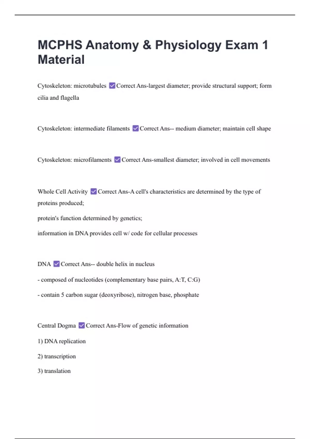 MCPHS Anatomy & Physiology Exam 1 Material - MCPHS - Stuvia US