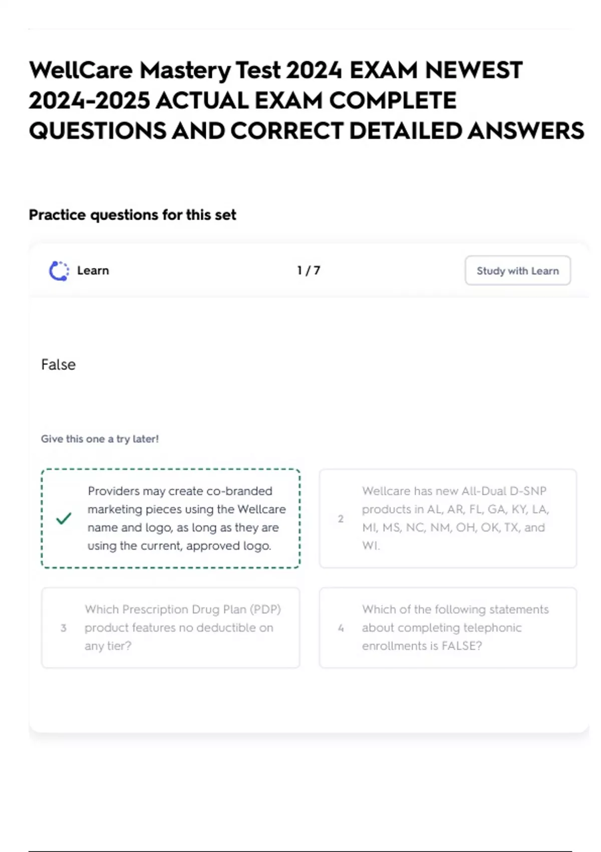 WellCare Mastery Test 2024 EXAM NEWEST ACTUAL EXAM COMPLETE QUESTIONS ...