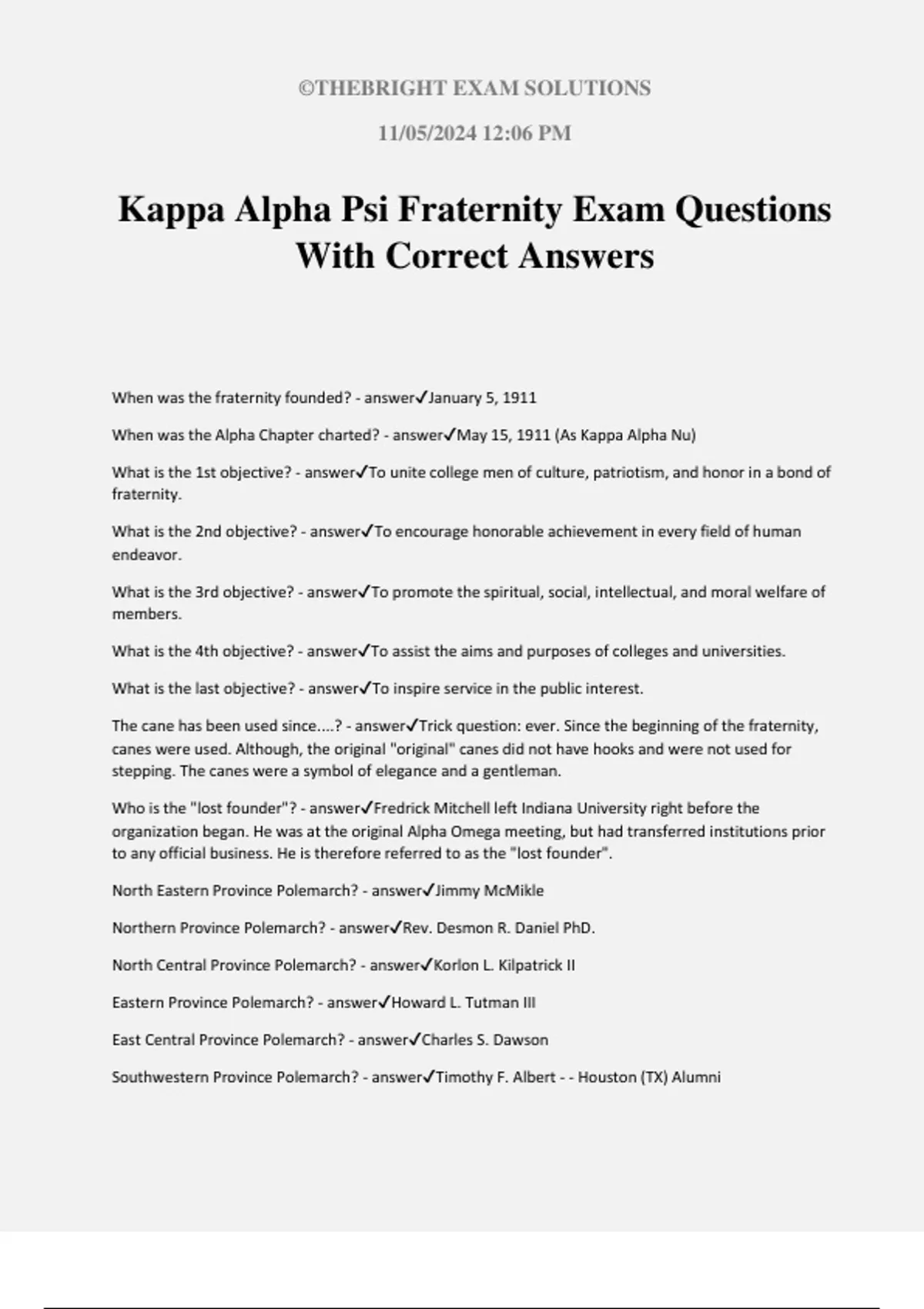 Kappa Alpha Psi Fraternity Exam Questions With Correct Answers - Kappa ...
