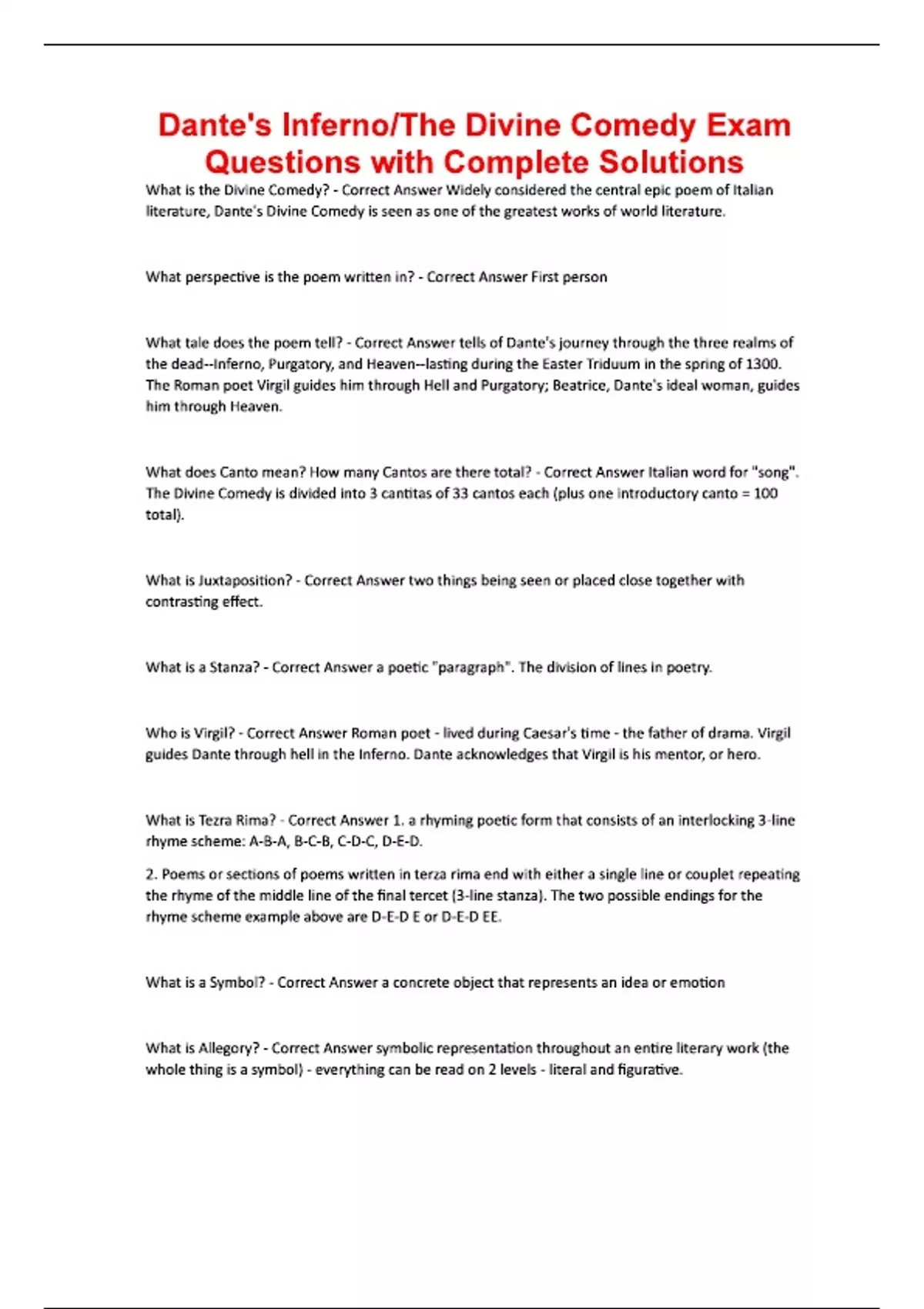 Dante's Inferno/The Divine Comedy Exam Questions with Complete ...