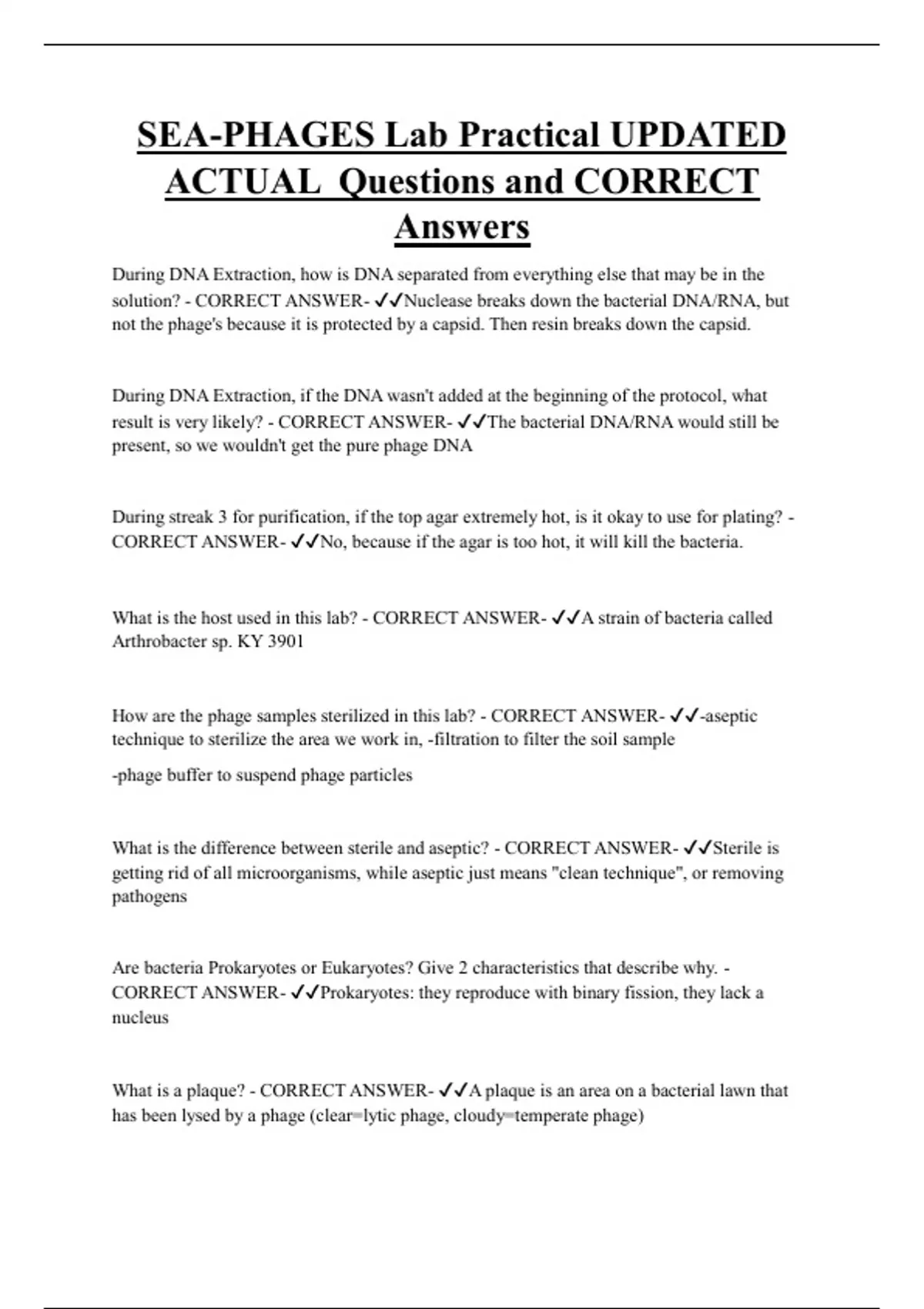 SEA-PHAGES Lab Practical UPDATED ACTUAL Questions and CORRECT Answers - SEA-PHAGES - Stuvia US