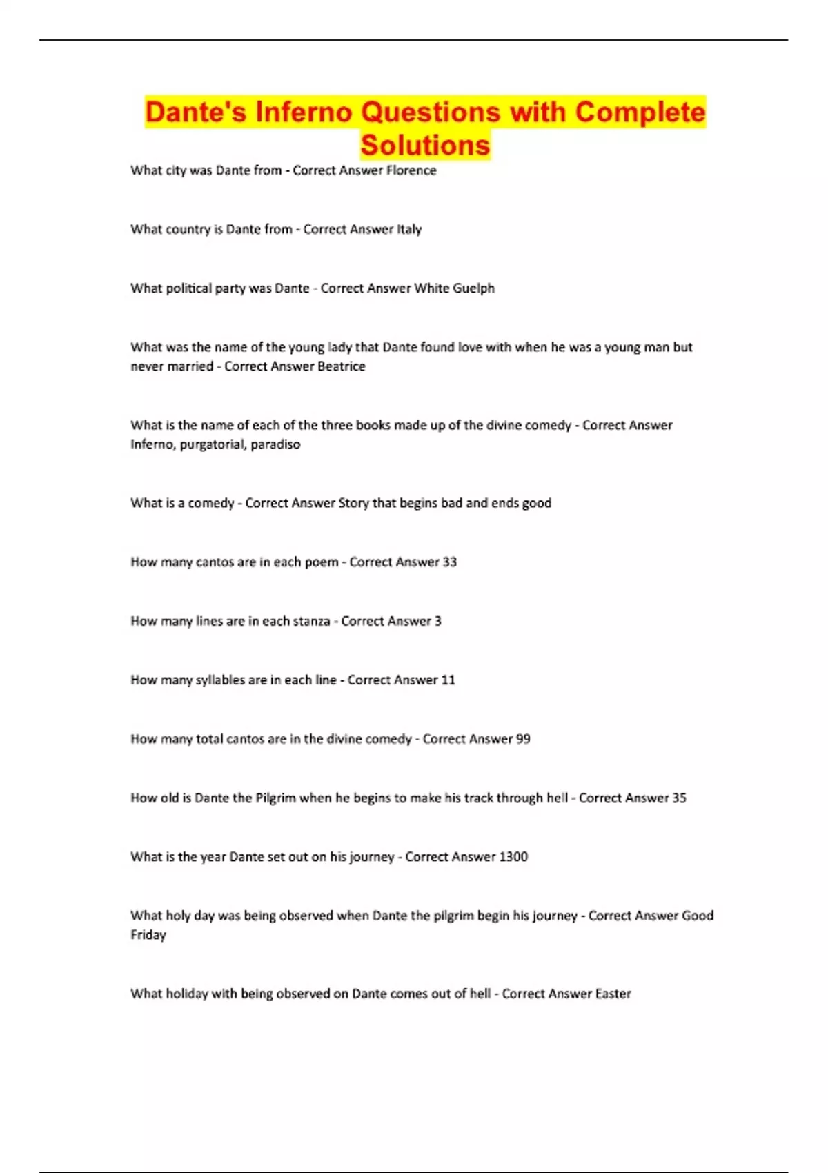 Dante's Inferno Questions with Complete Solutions - Dante - Stuvia US