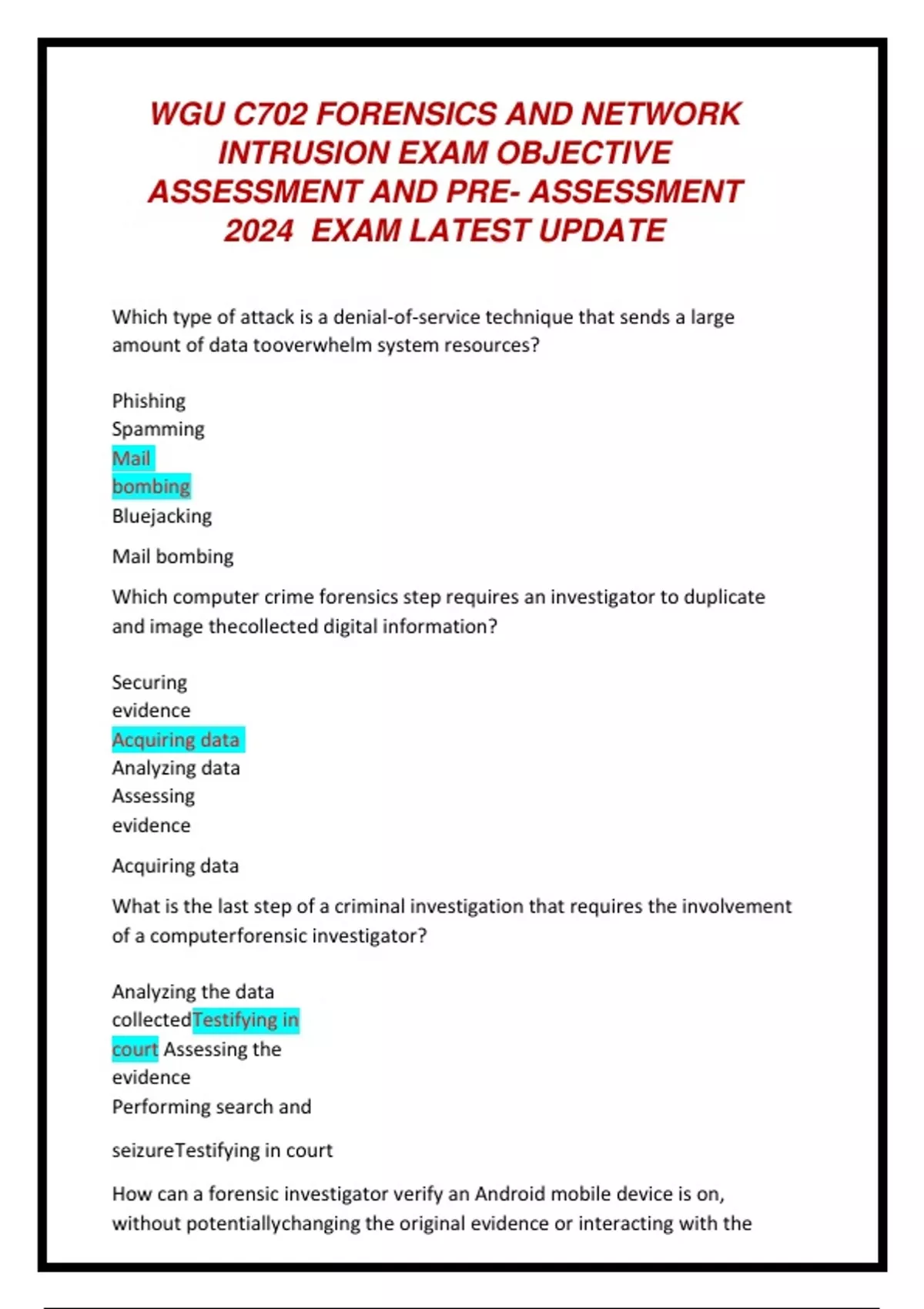 WGU C702 FORENSICS AND NETWORK INTRUSION EXAM OBJECTIVE ASSESSMENT AND ...
