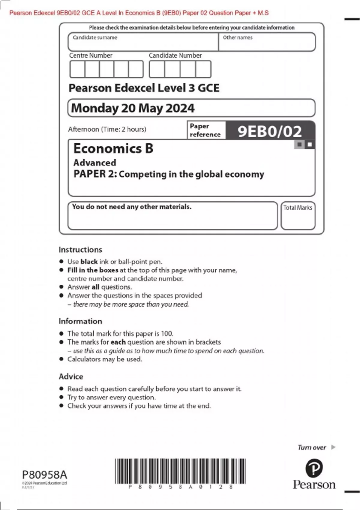 Pearson Edexcel 9EB0/02 GCE A Level In Economics B (9EB0) Paper 02 ...